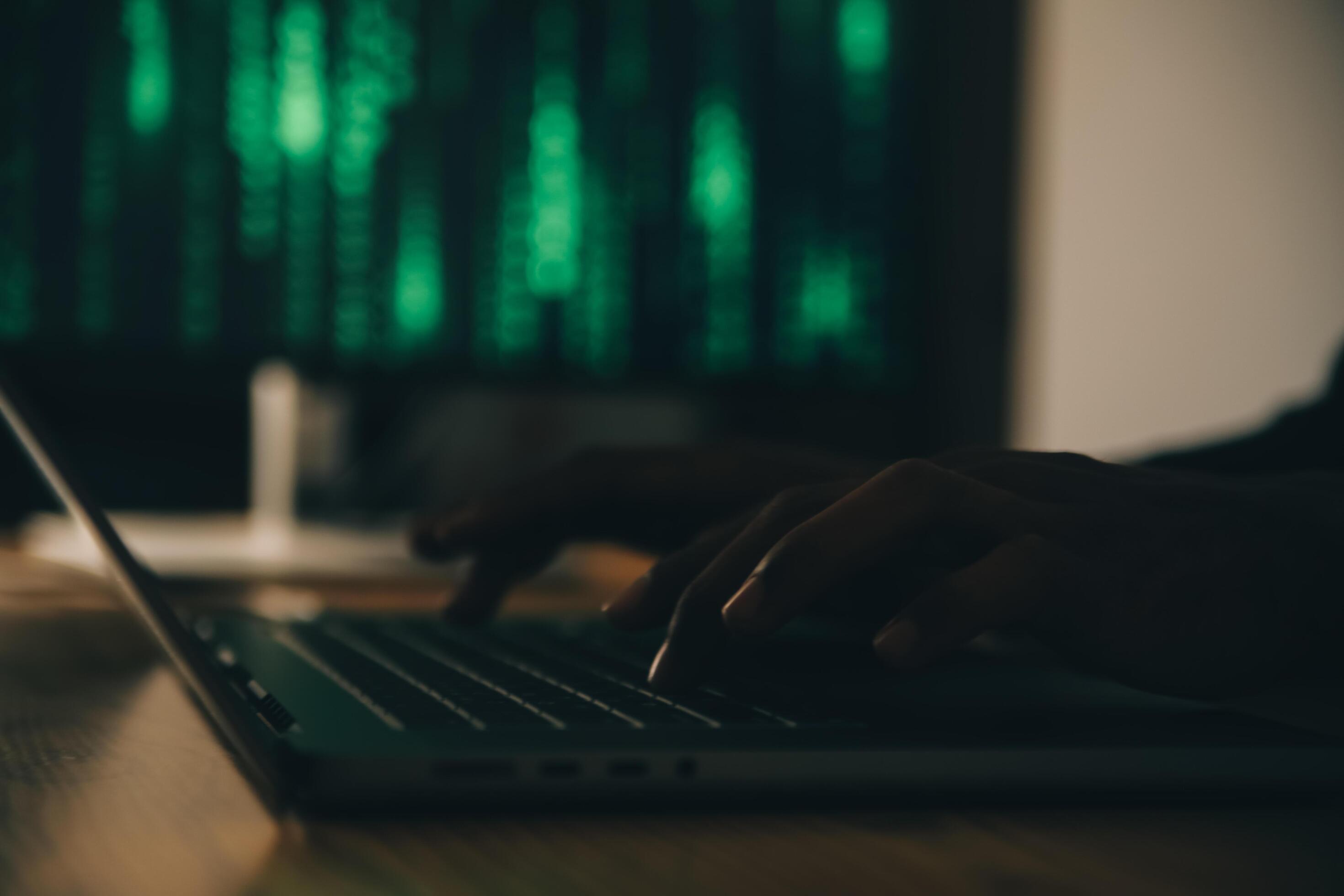 Hacker code in laptop. Cyber security, privacy or hack threat. Coder or programmer writing virus ...