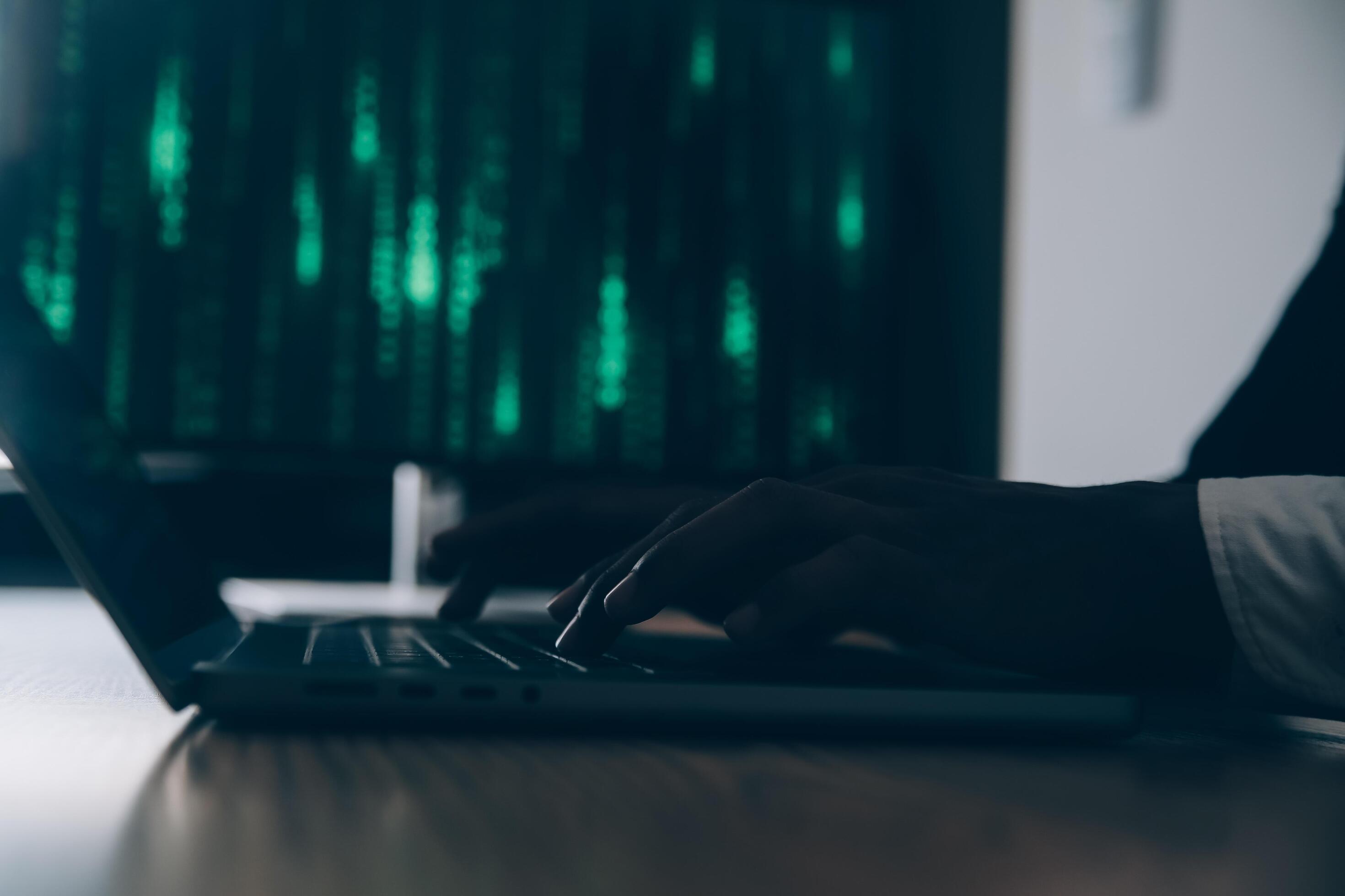 Hacker code in laptop. Cyber security, privacy or hack threat. Coder or programmer writing virus ...