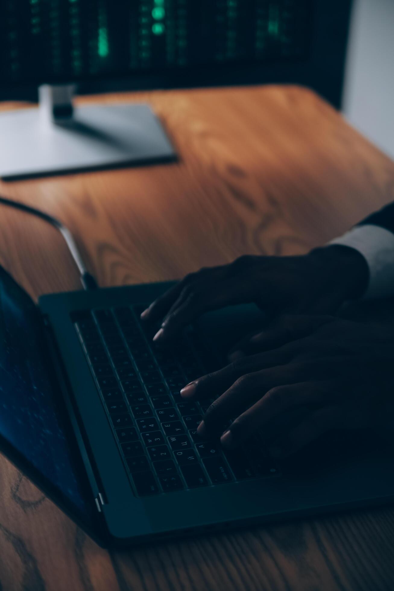 Hacker Code In Laptop Cyber Security Privacy Or Hack Threat Coder Or Programmer Writing Virus
