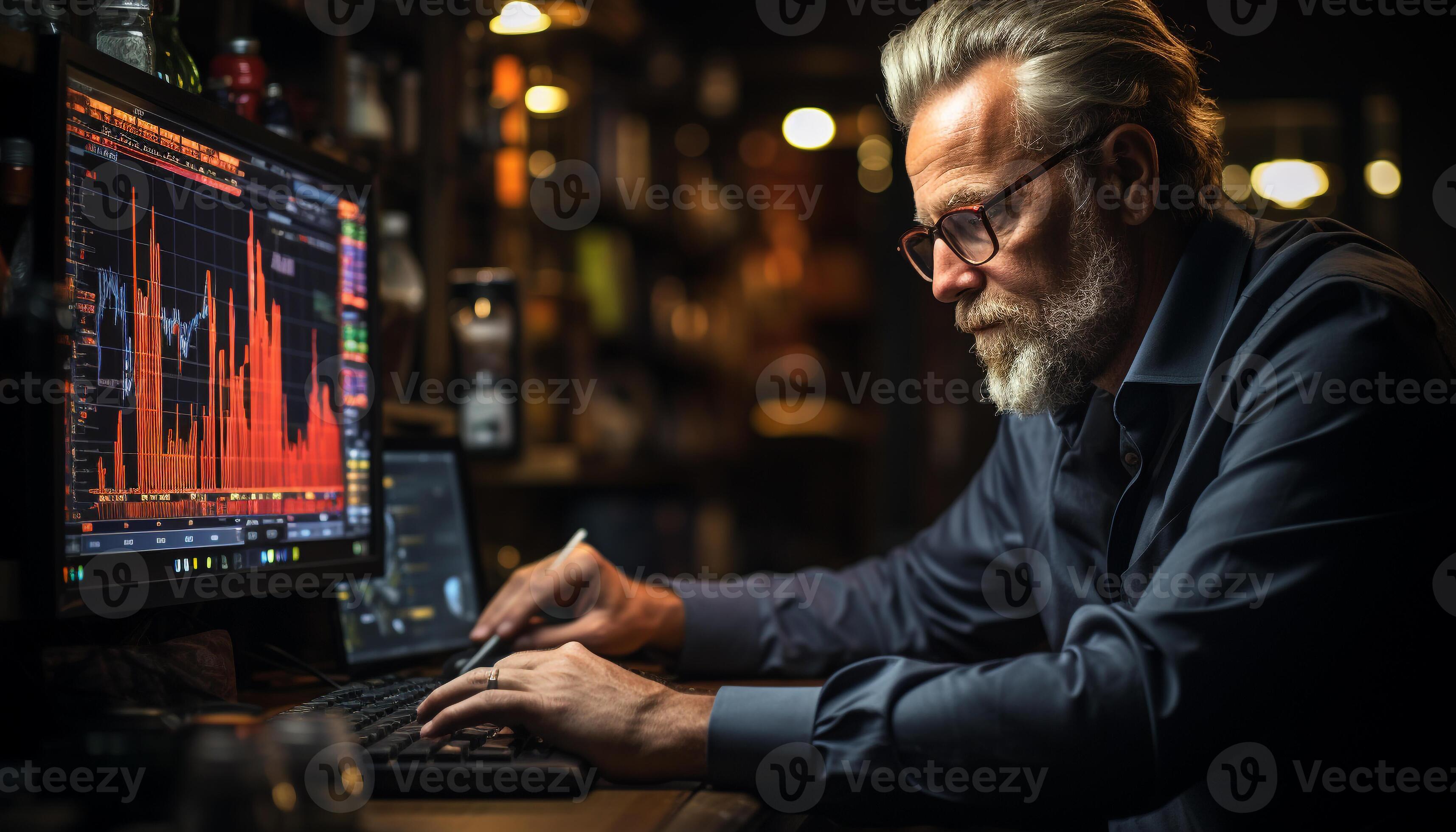 AI generated Successful businessman working on laptop in illuminated ...