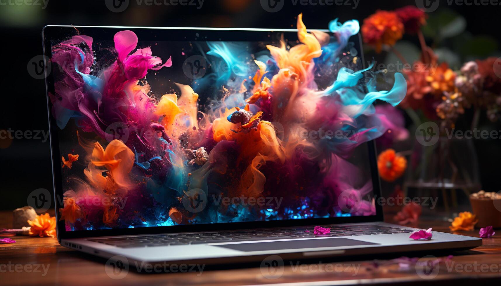 AI generated Abstract laptop on fire, vibrant colors exploding chaos ...