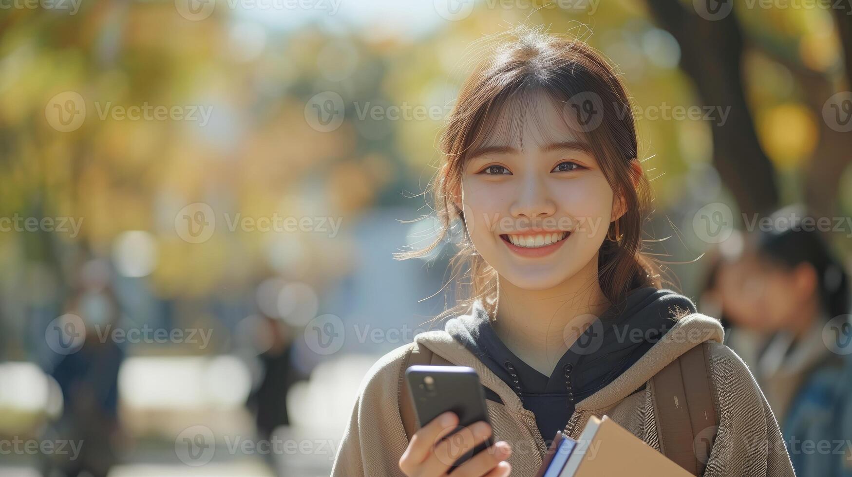 AI generated Asian Teen Student Smiling with Phone at College Park. 39043847 Stock Photo at Vecteezy