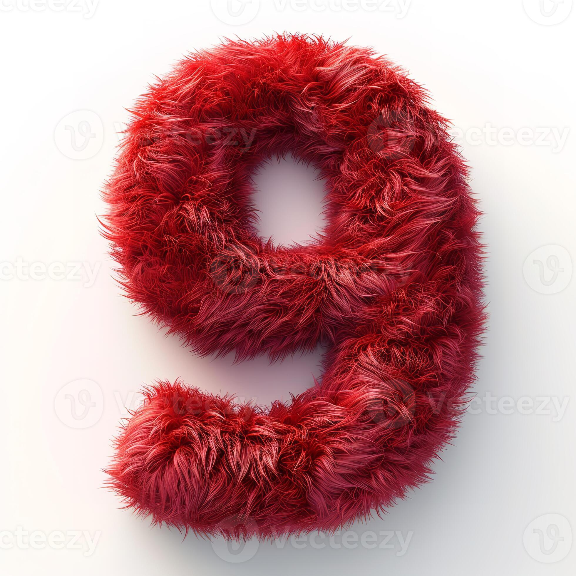 AI generated A vivid red, furry textured number 9 displayed prominently against a pristine white ...