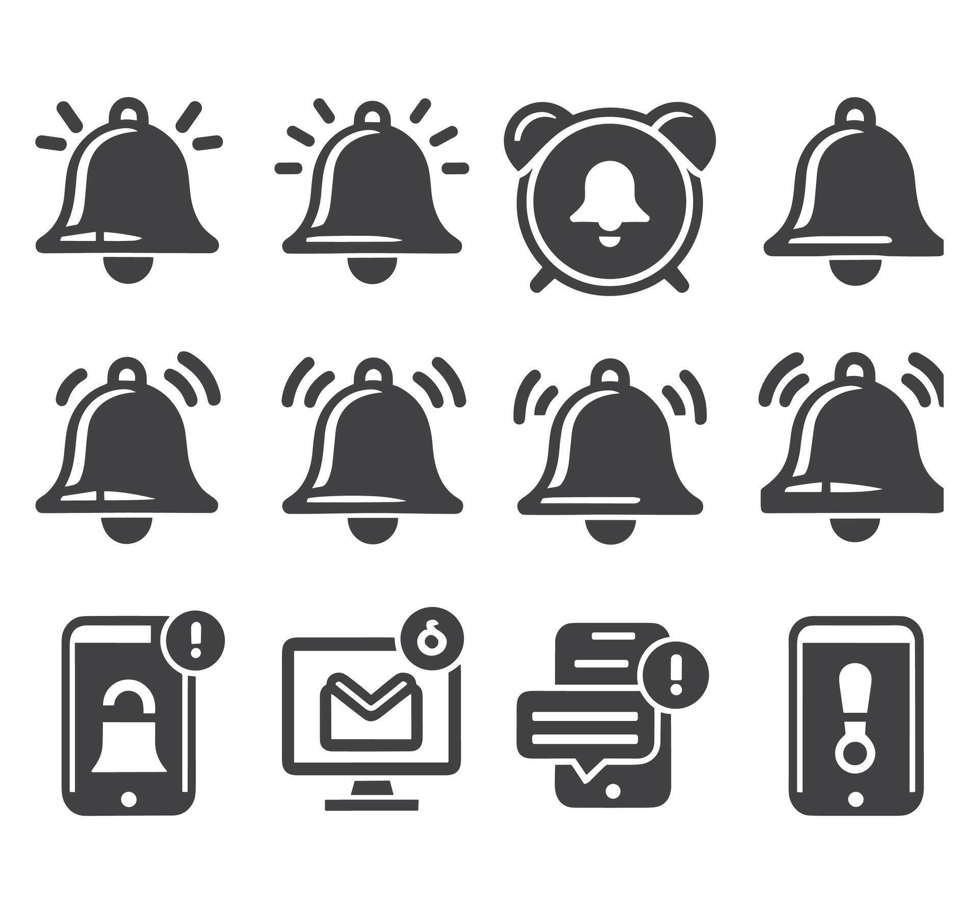 Notification bell icon set. Notice message. Alarm symbol.Incoming inbox message. New message ...