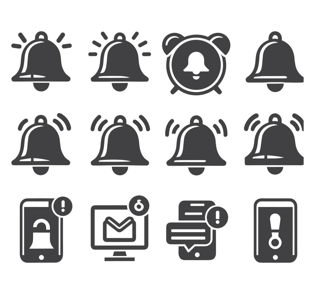 Notification bell icon set. Notice message. Alarm symbol.Incoming inbox ...