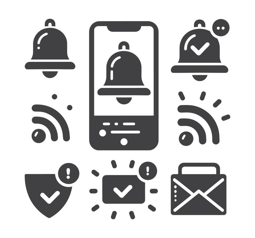 Notification bell icon set. Notice message. Alarm symbol.Incoming inbox ...