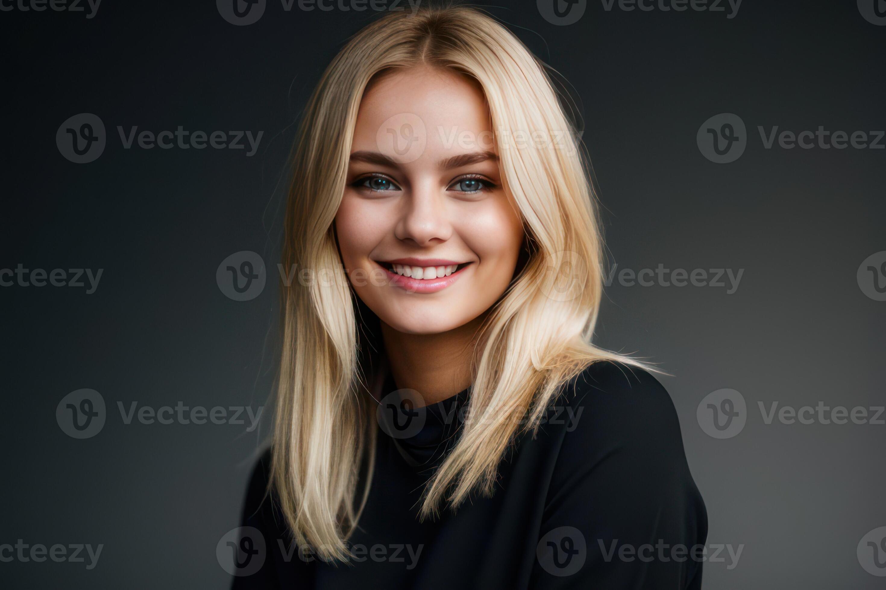 AI Generated Portrait beautiful blonde model young woman with white teeth smile, healthy long ...
