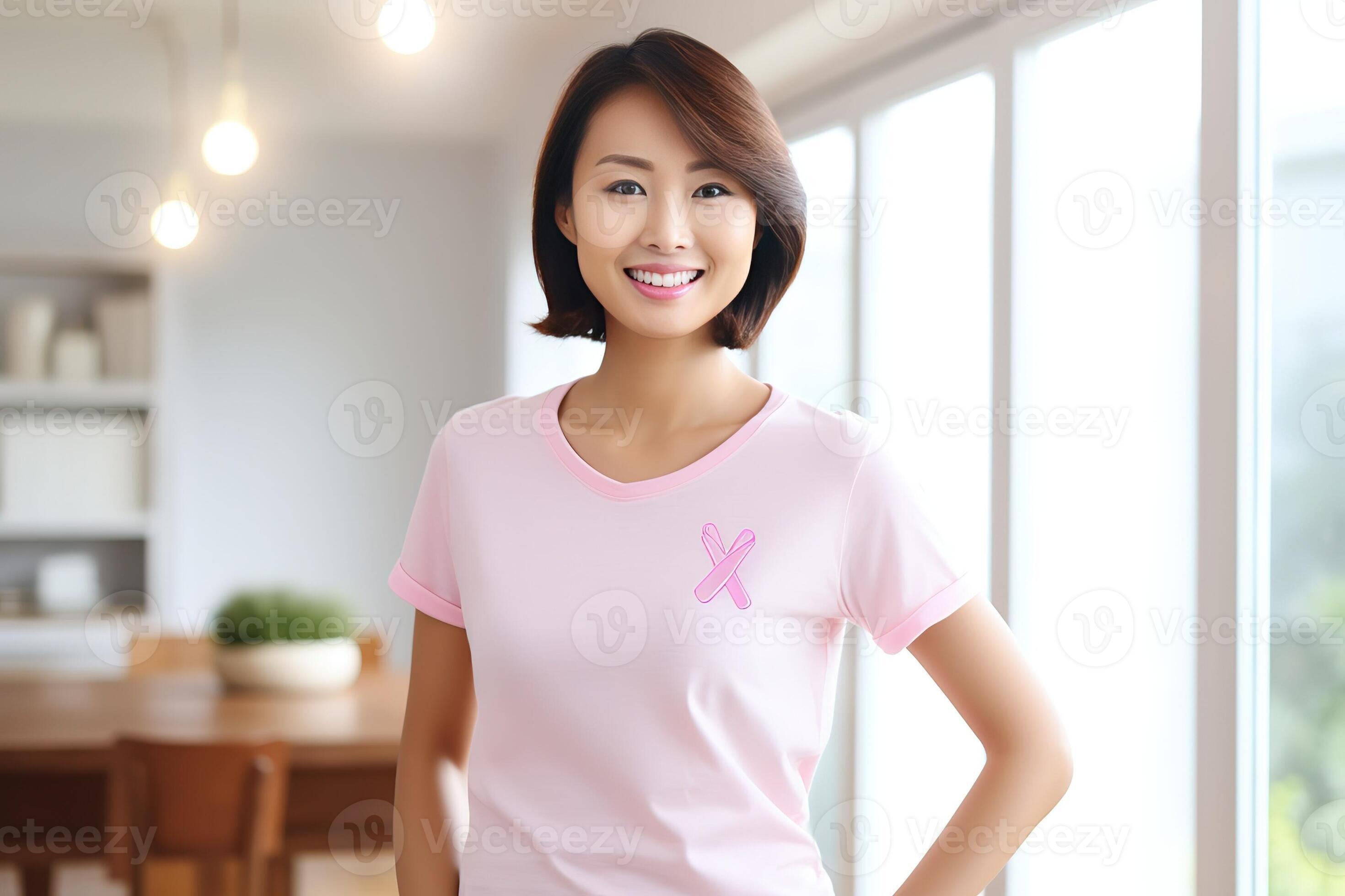 AI Generated A happy woman in a pink T-shirt with a ribbon 39062566 Stock Photo at Vecteezy