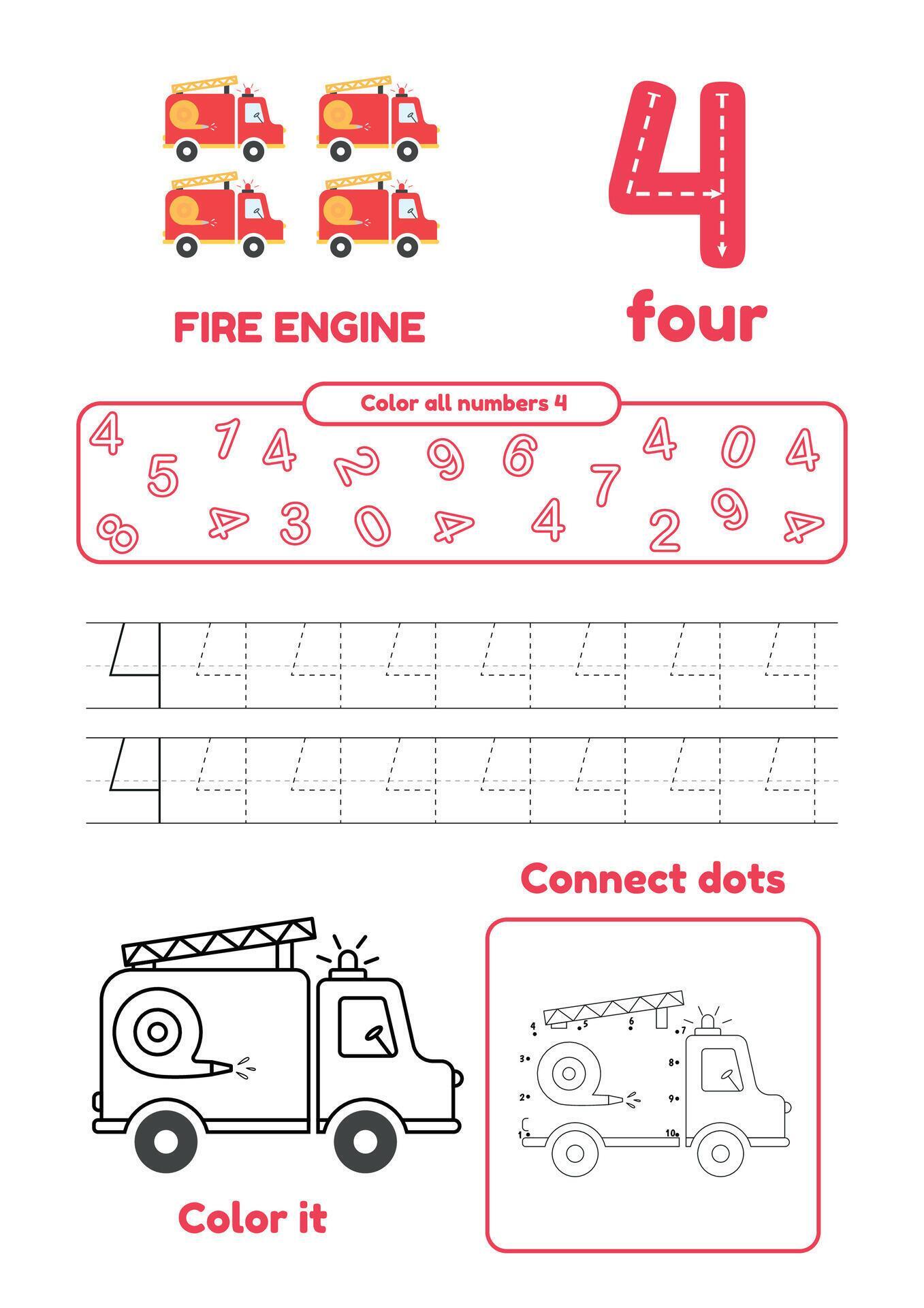 Learn number 4 for preschool kids. Many games on one page. Color, dot ...