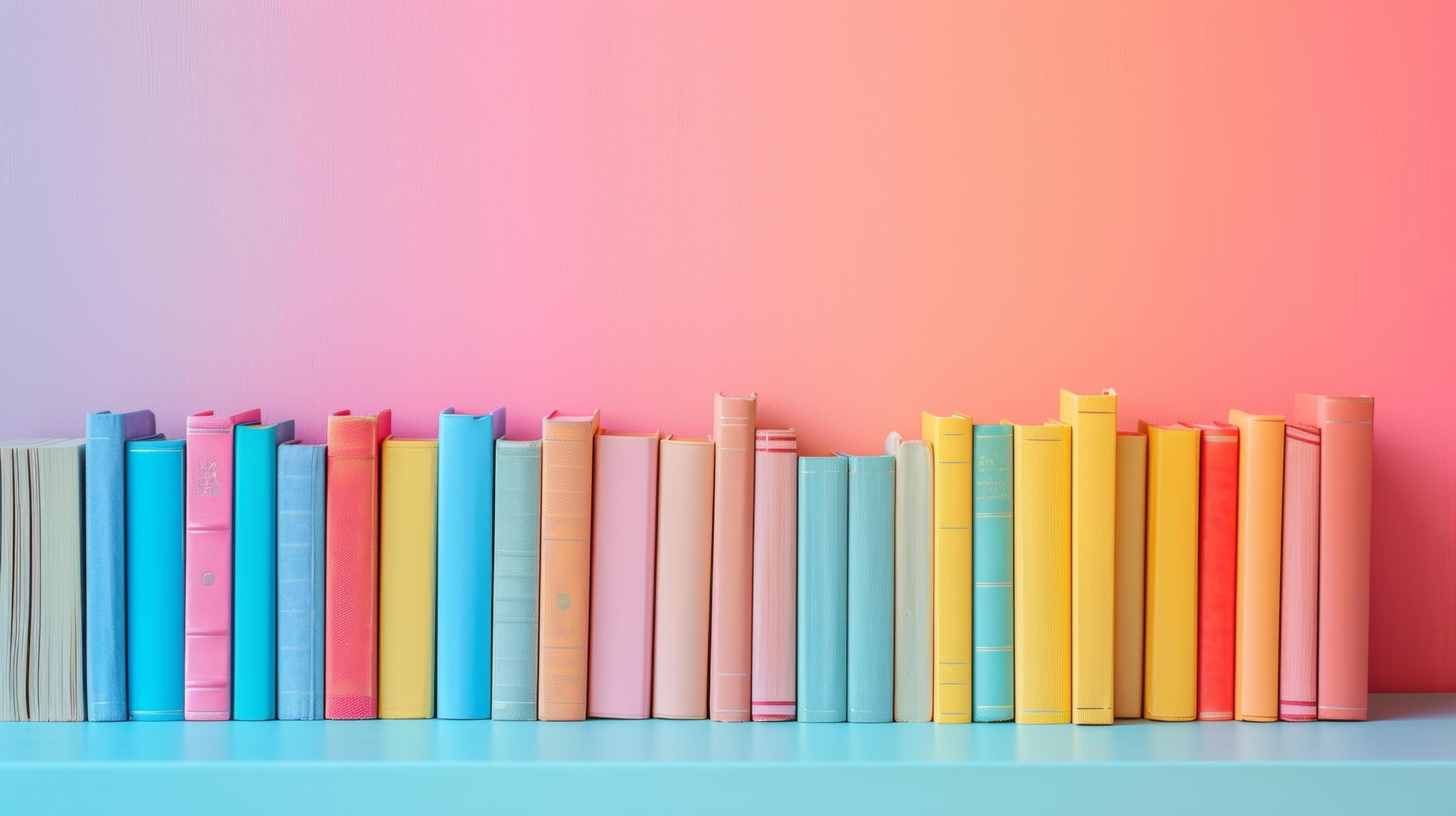 AI generated A bookshelf filled with vibrant books against a soft pastel backdrop, evoking a ...