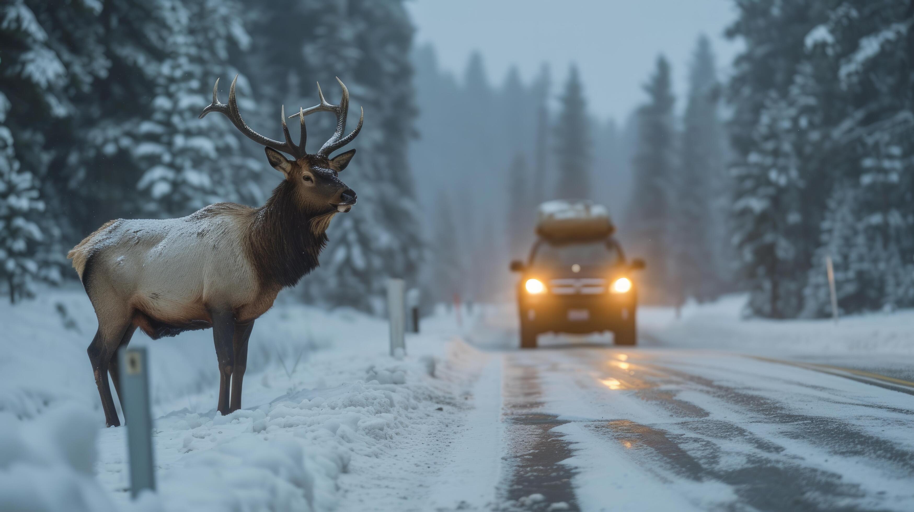 AI generated An elk is baking the road right in front of the car. Winter 39079214 Stock Photo at ...