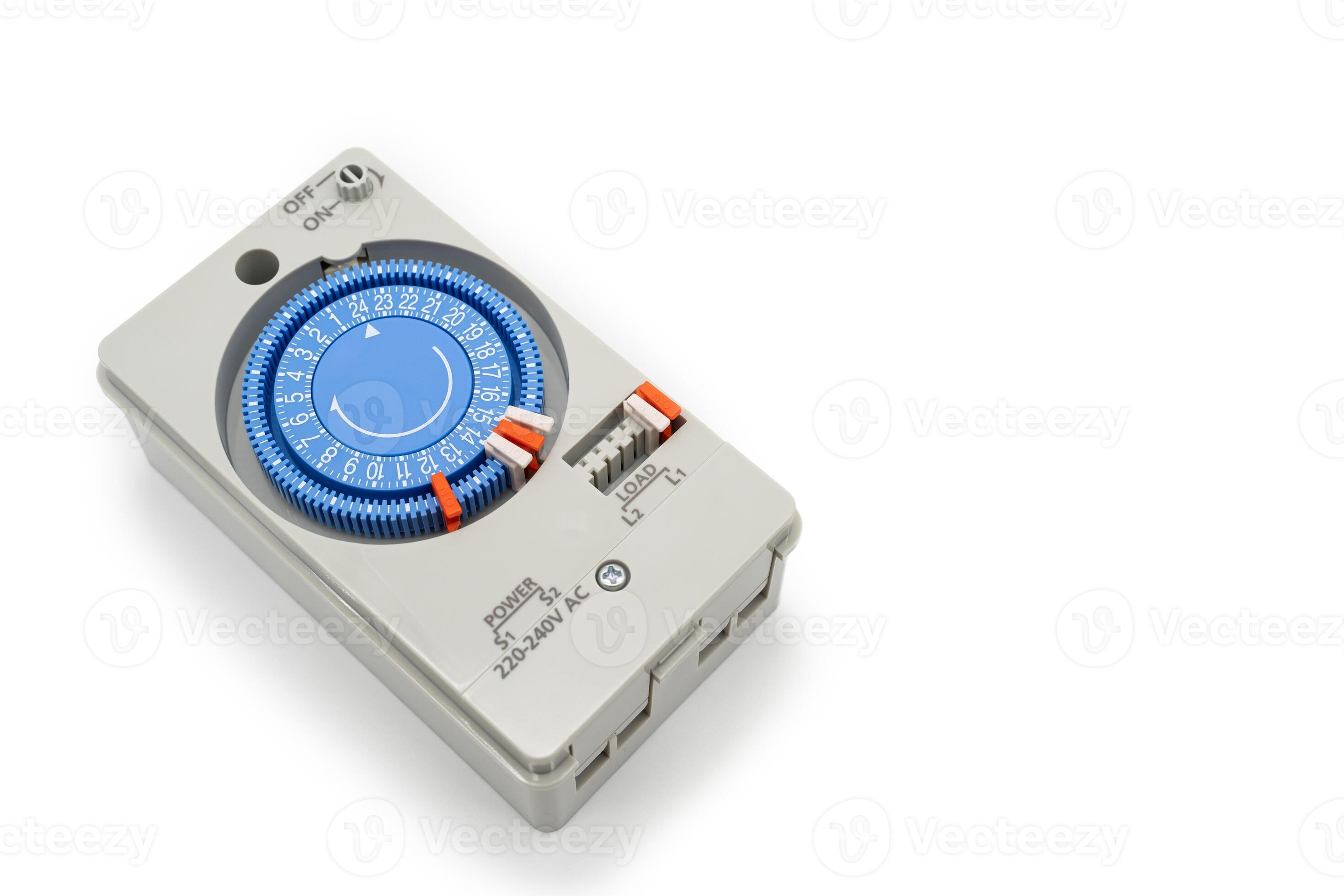 Mechanical timer switch isolated on white background. Electrical Analog timer for control AC ...