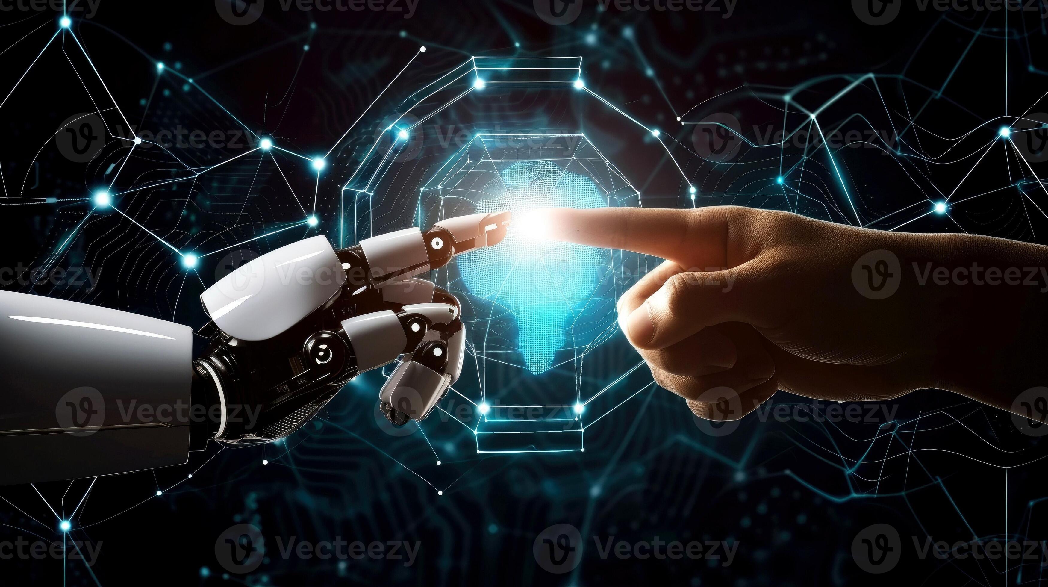 AI generated Cyborg finger about to touch human finger with light effect on dark background ...