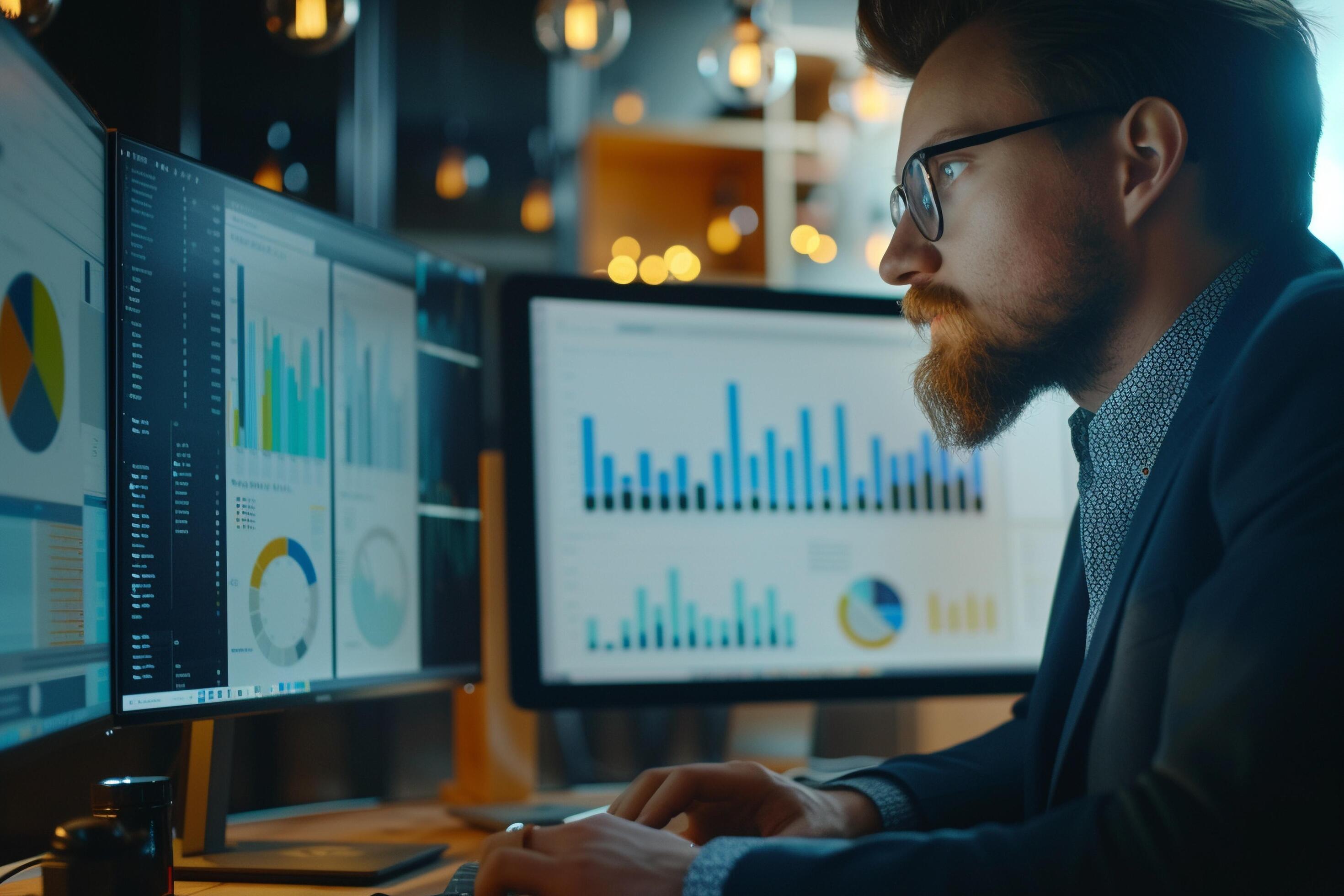 AI generated Data Analyst Working on Multiple Computer Screens ...