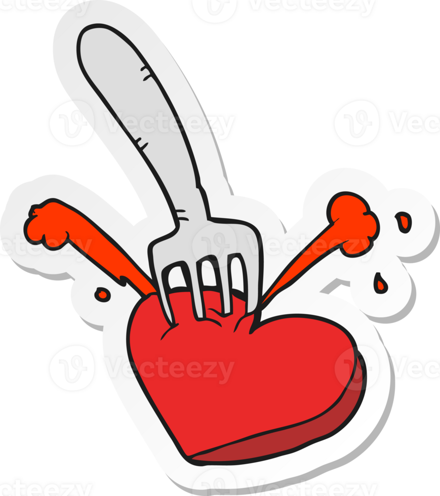 pegatina de un corazón de dibujos animados apuñalado por un tenedor ... pegatina de un corazón de dibujos animados apuñalado por un tenedor ...