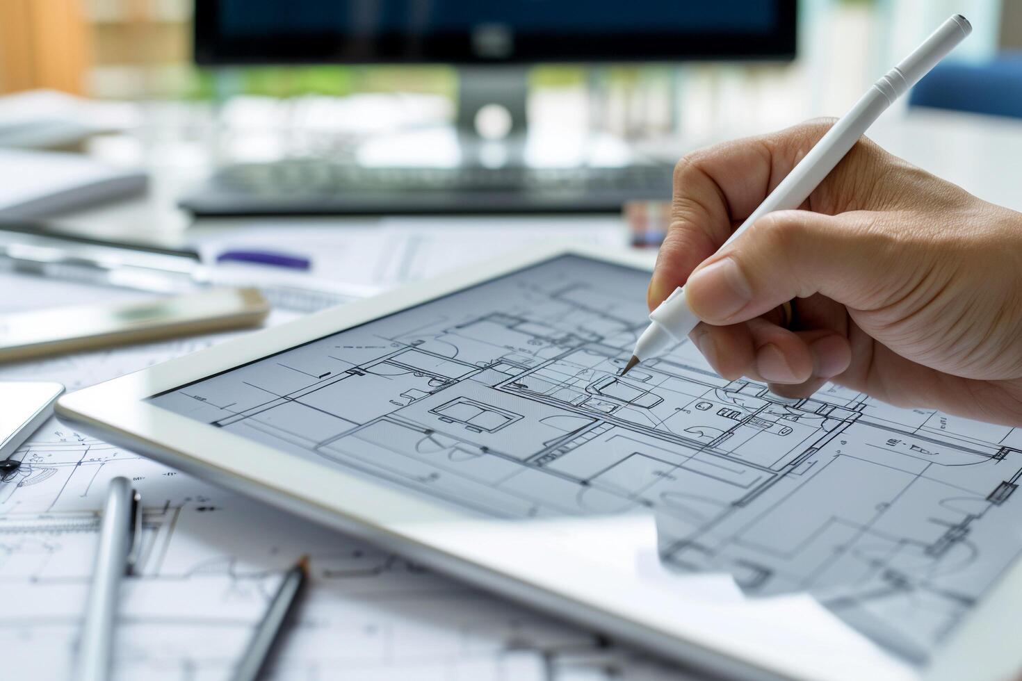 AI generated Architect working with blueprints and laptop computer ...