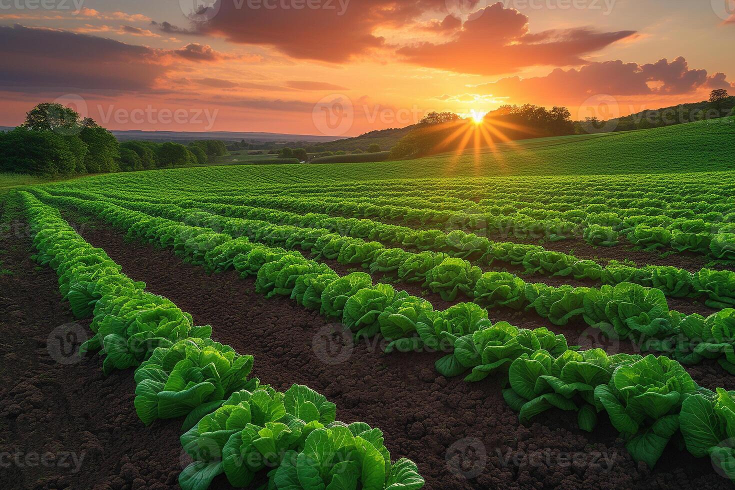 Ai Generated Scenic View Of A Cabbage Farm At Sunset With Rows Of Vibrant Green Cabbage Plants