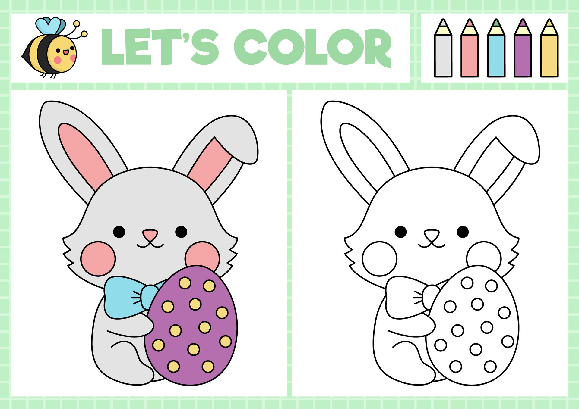Easter coloring page for children with cute kawaii bunny holding egg ...