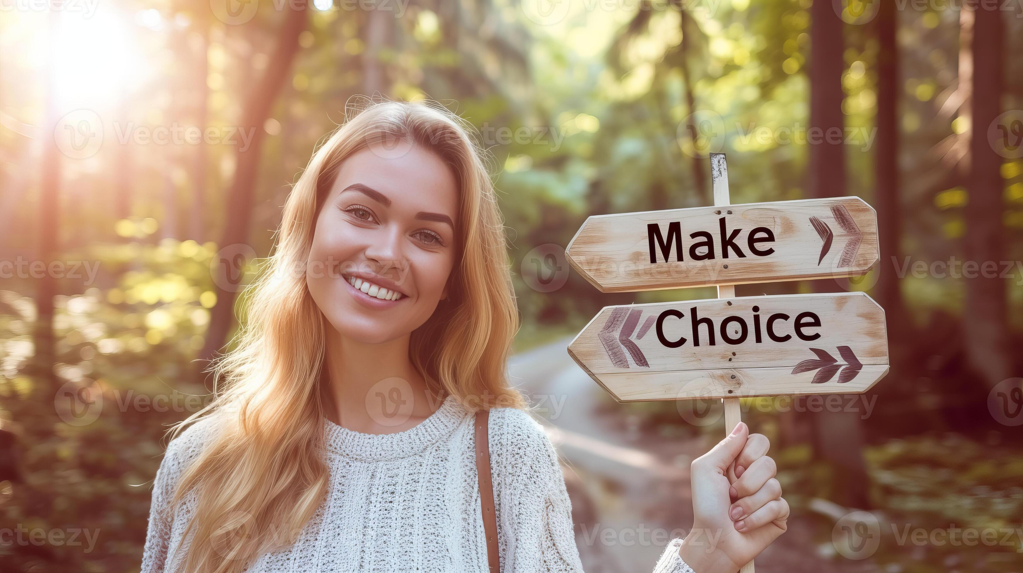 AI generated Woman at crossroad with two way sign, facing decision ... AI generated Woman at crossroad with two way sign, facing decision ...