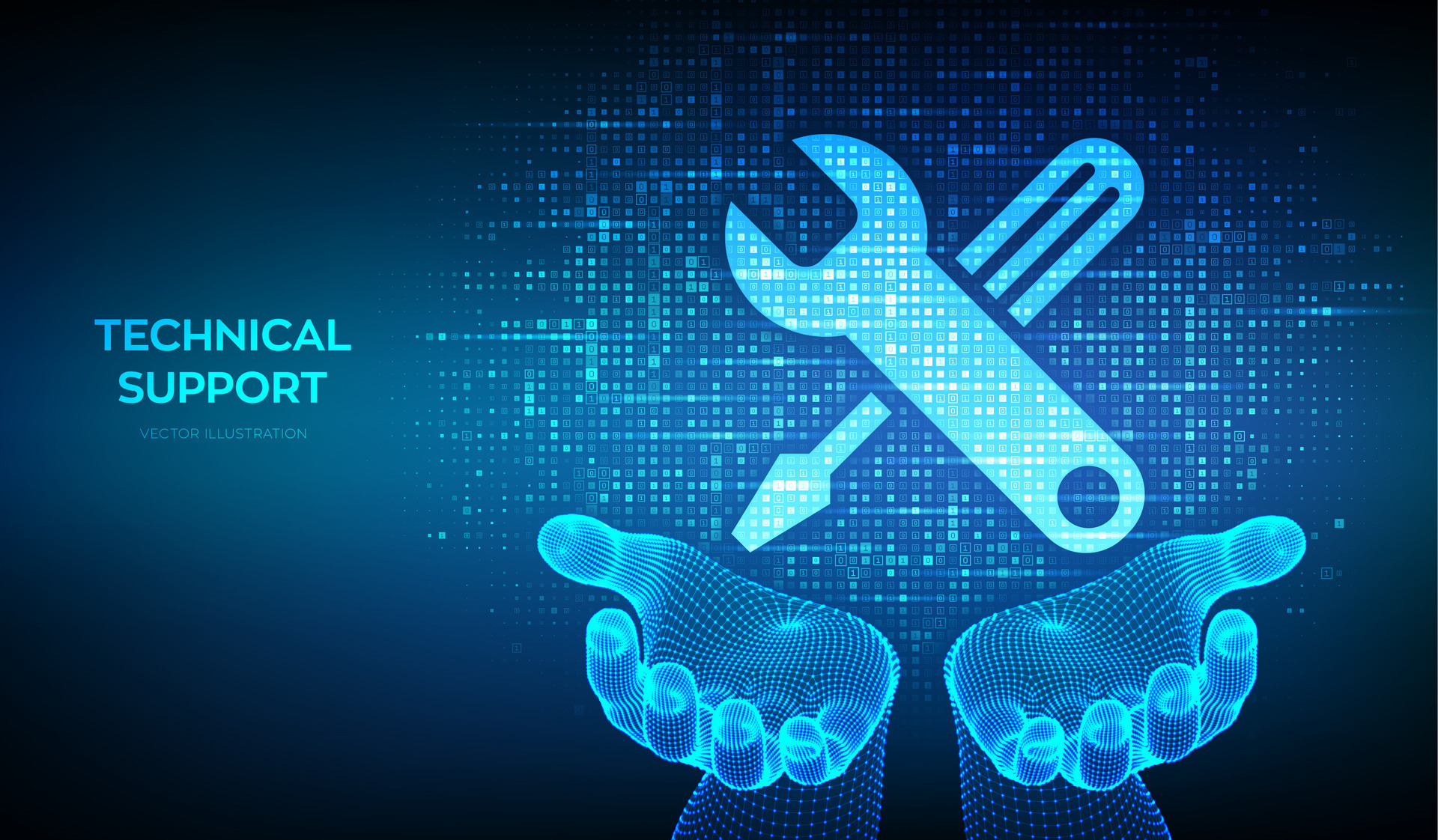 Technical support icon made with binary code in wireframe hands. Customer help. Online tech ...