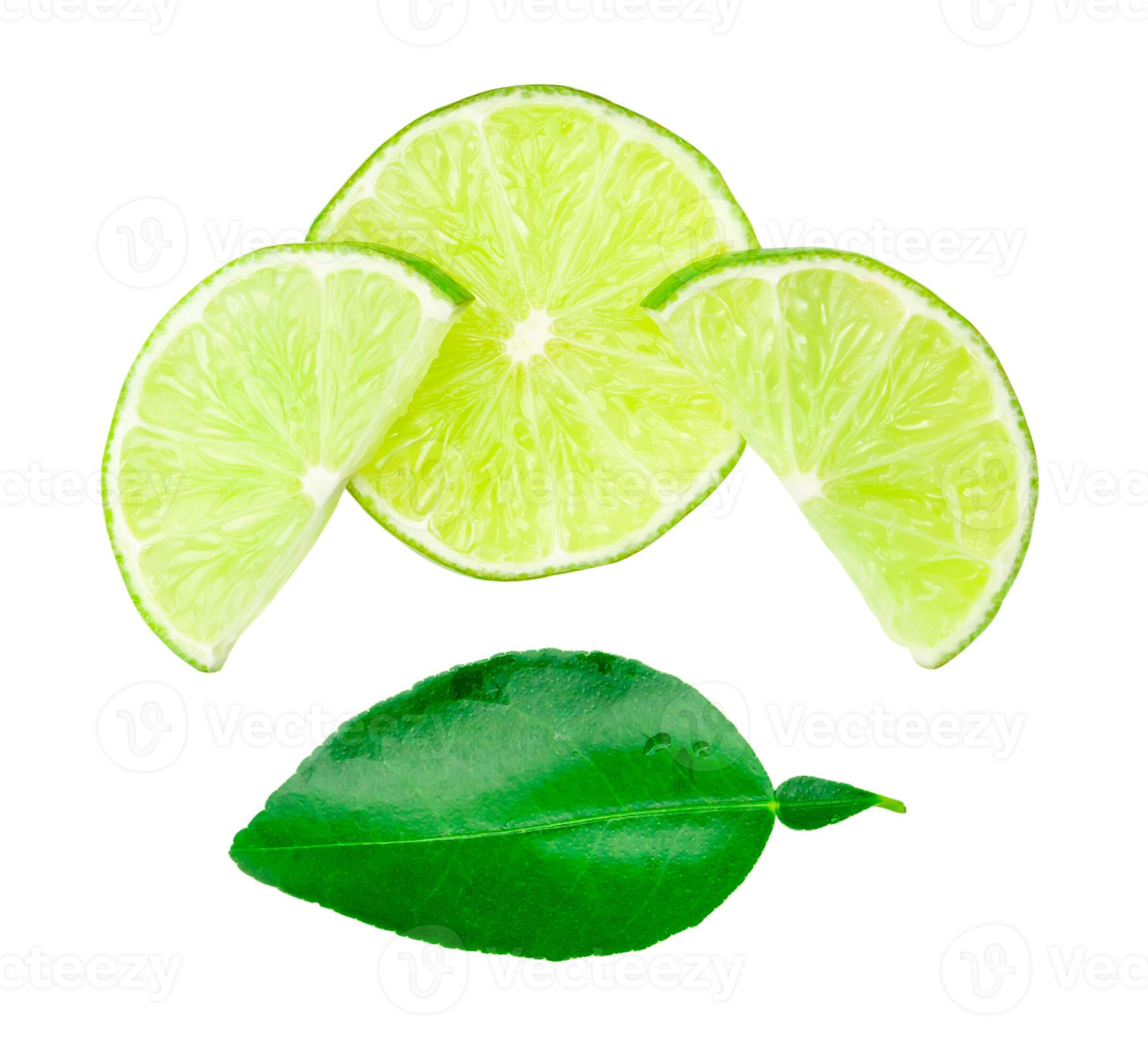 Top view set of fresh green lemon slices in stack with leaf isolated on white background with ...