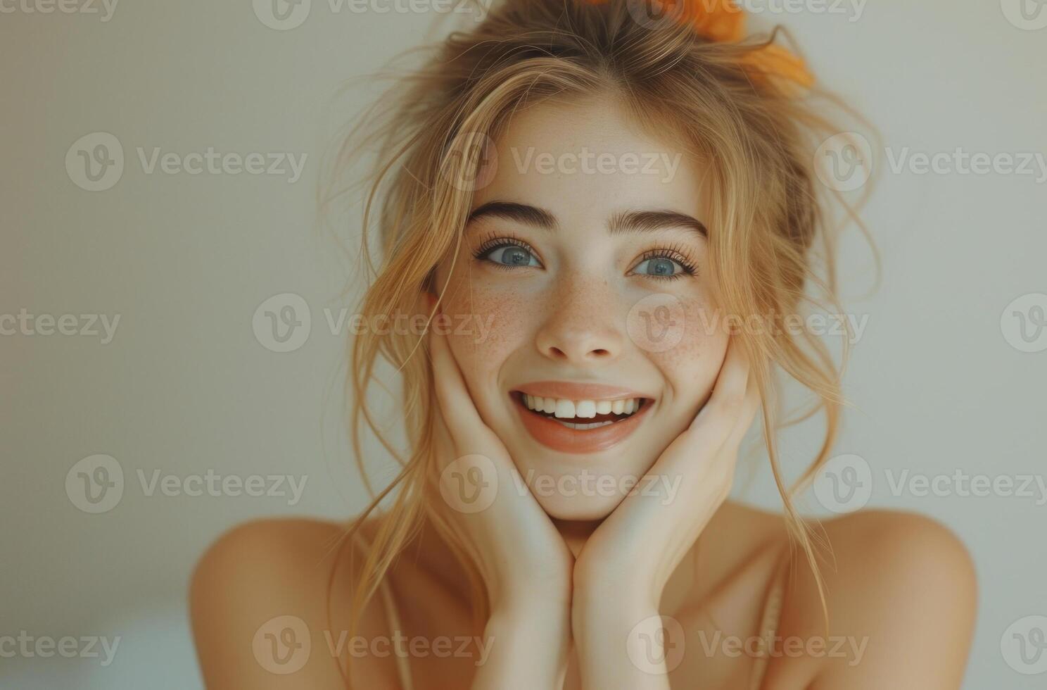 AI generated A surprised young woman laughs with hands on a white ...
