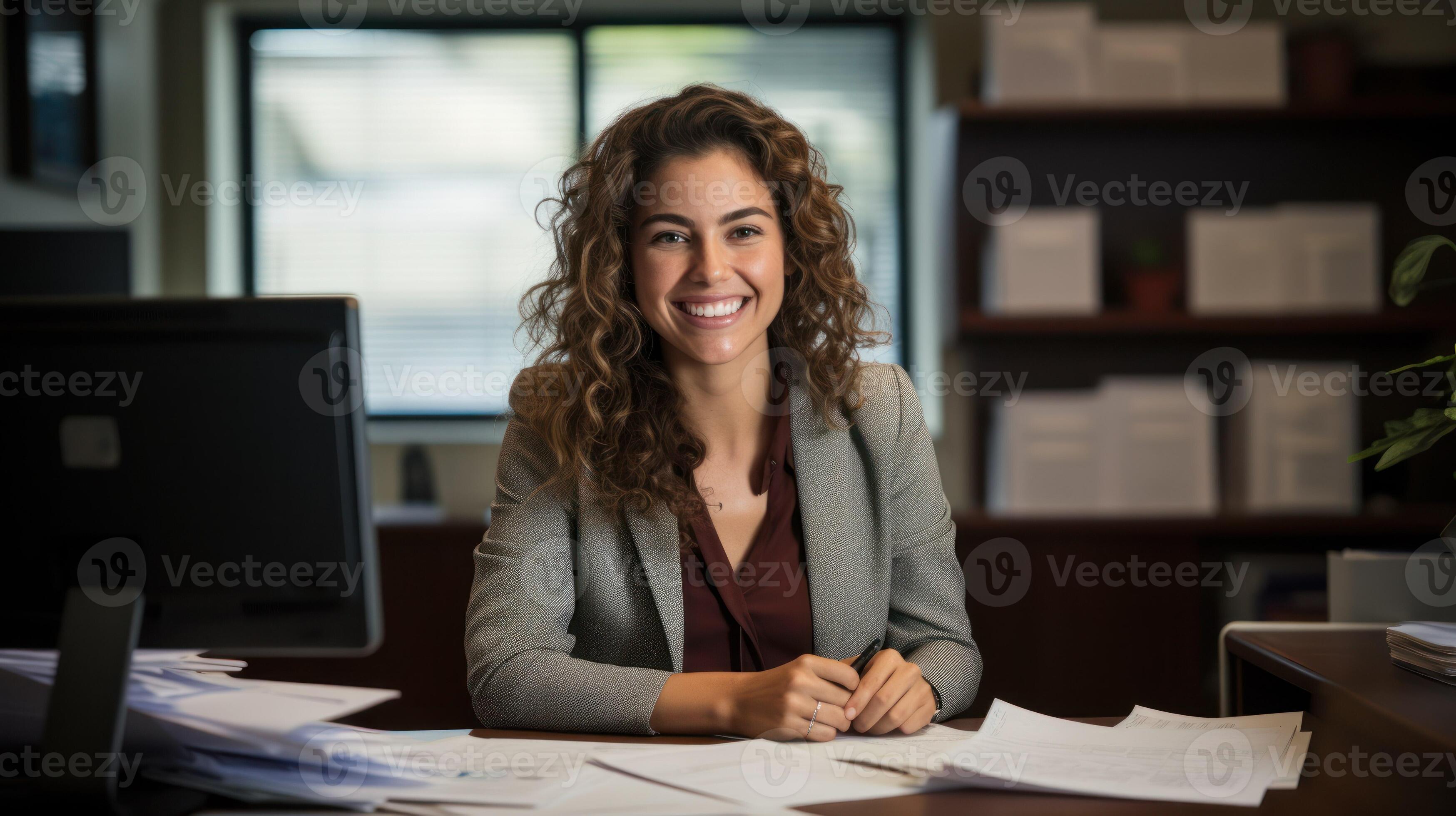 AI generated Woman smiling, sitting at a desk, working with financial ...