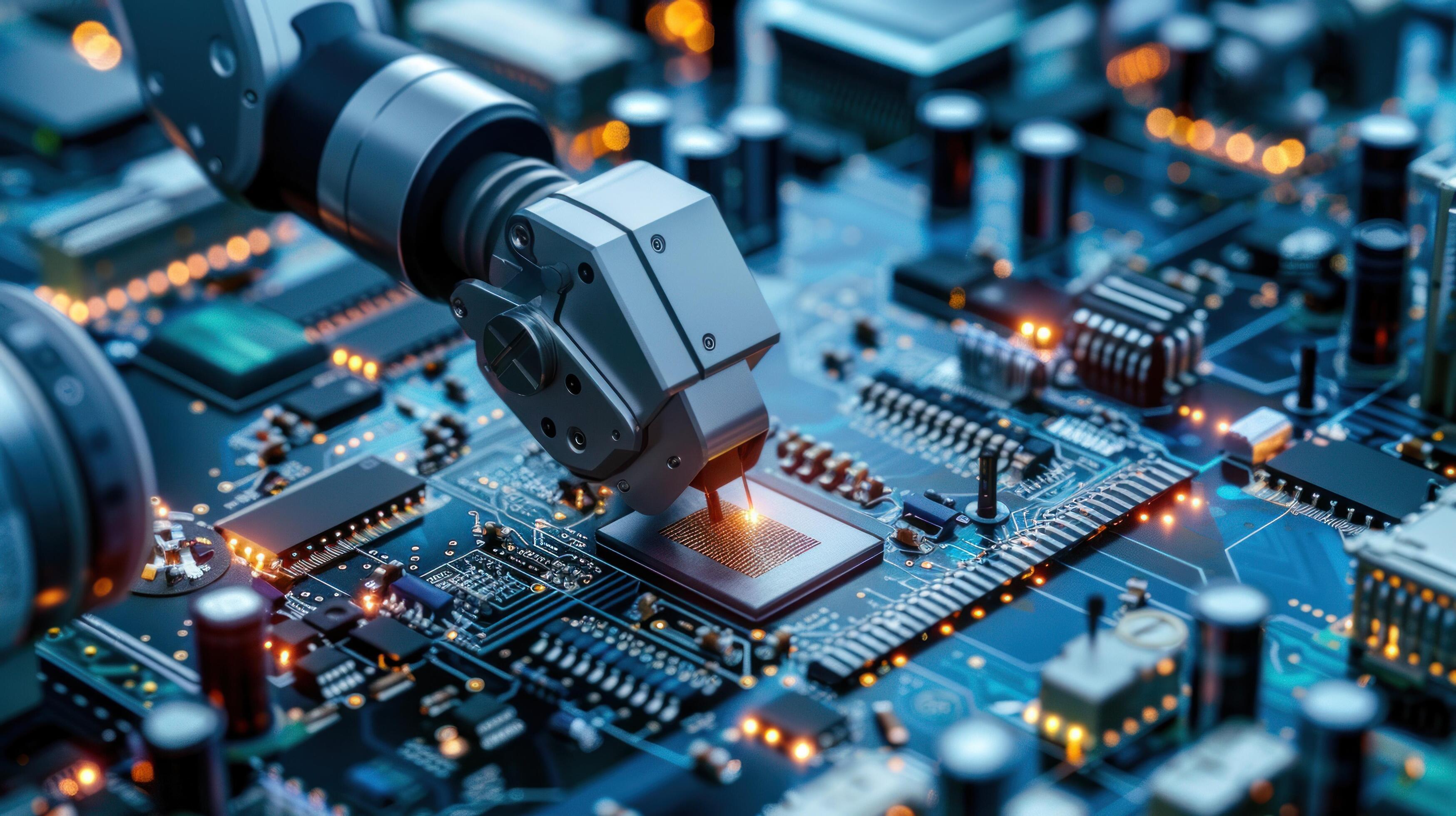 Ai Generated An Advanced Robotic Arm Is Meticulously Assembling Electronics On A Circuit Board
