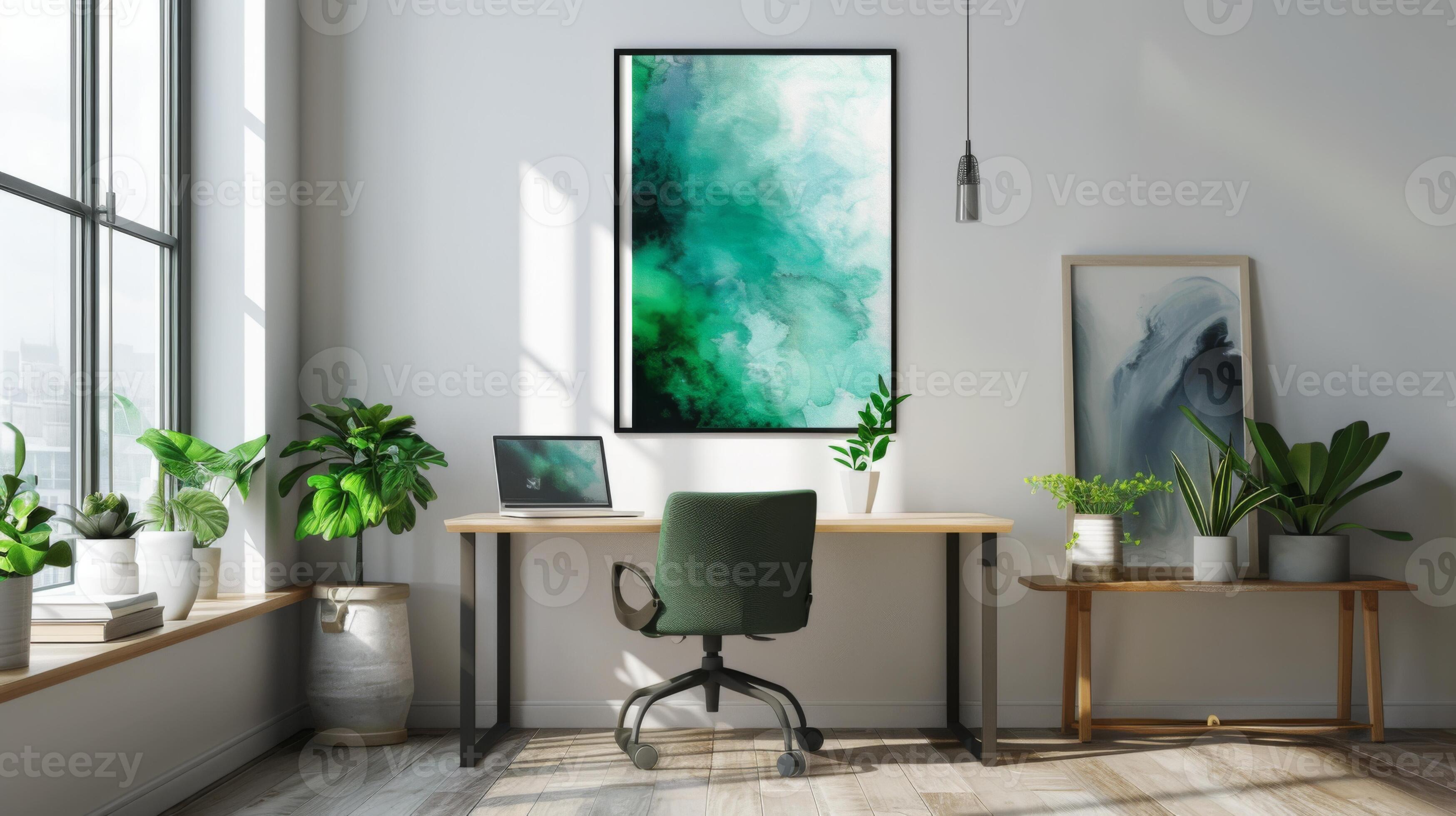 AI generated Workplace with computer in modern office interior ...