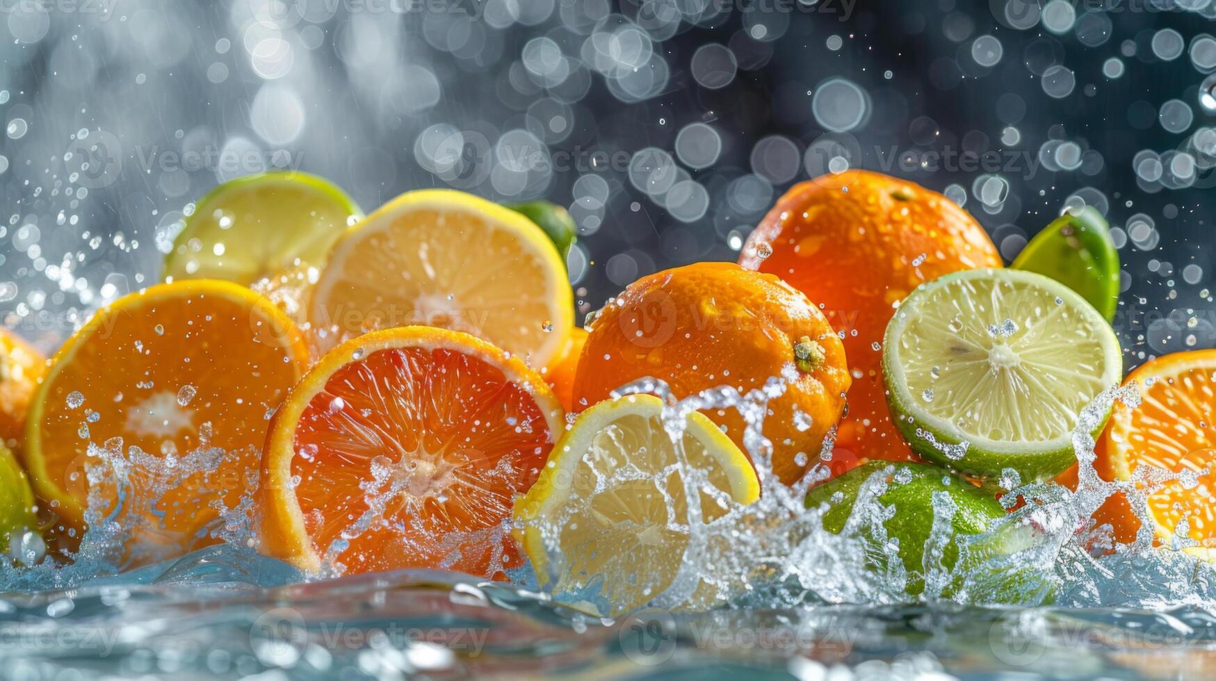 AI generated Citrus fruits with water splash on black background, lime, lemon, orange 39295217 ...