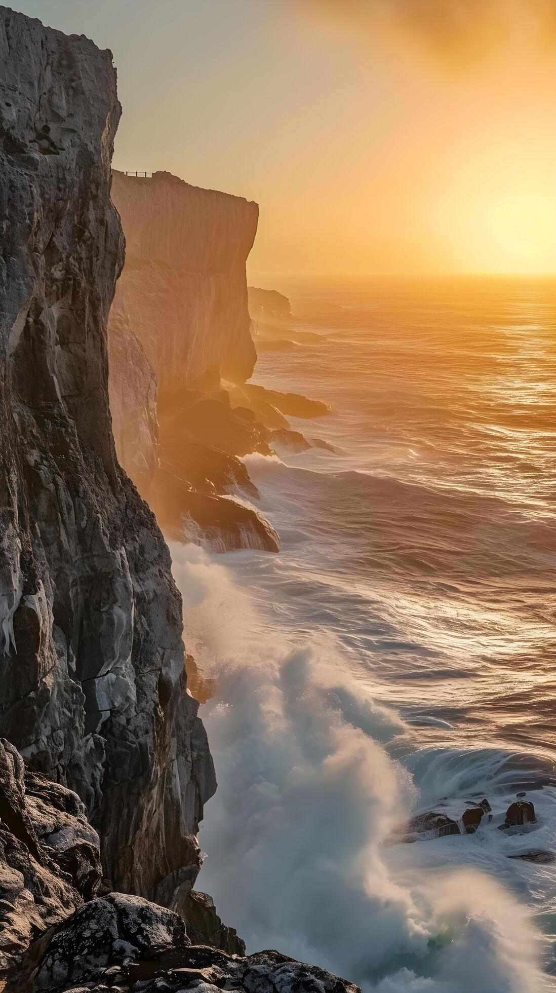 AI generated Coastal Cliffs at Sunset, Dramatic cliffs along the coastline with waves crashing ...