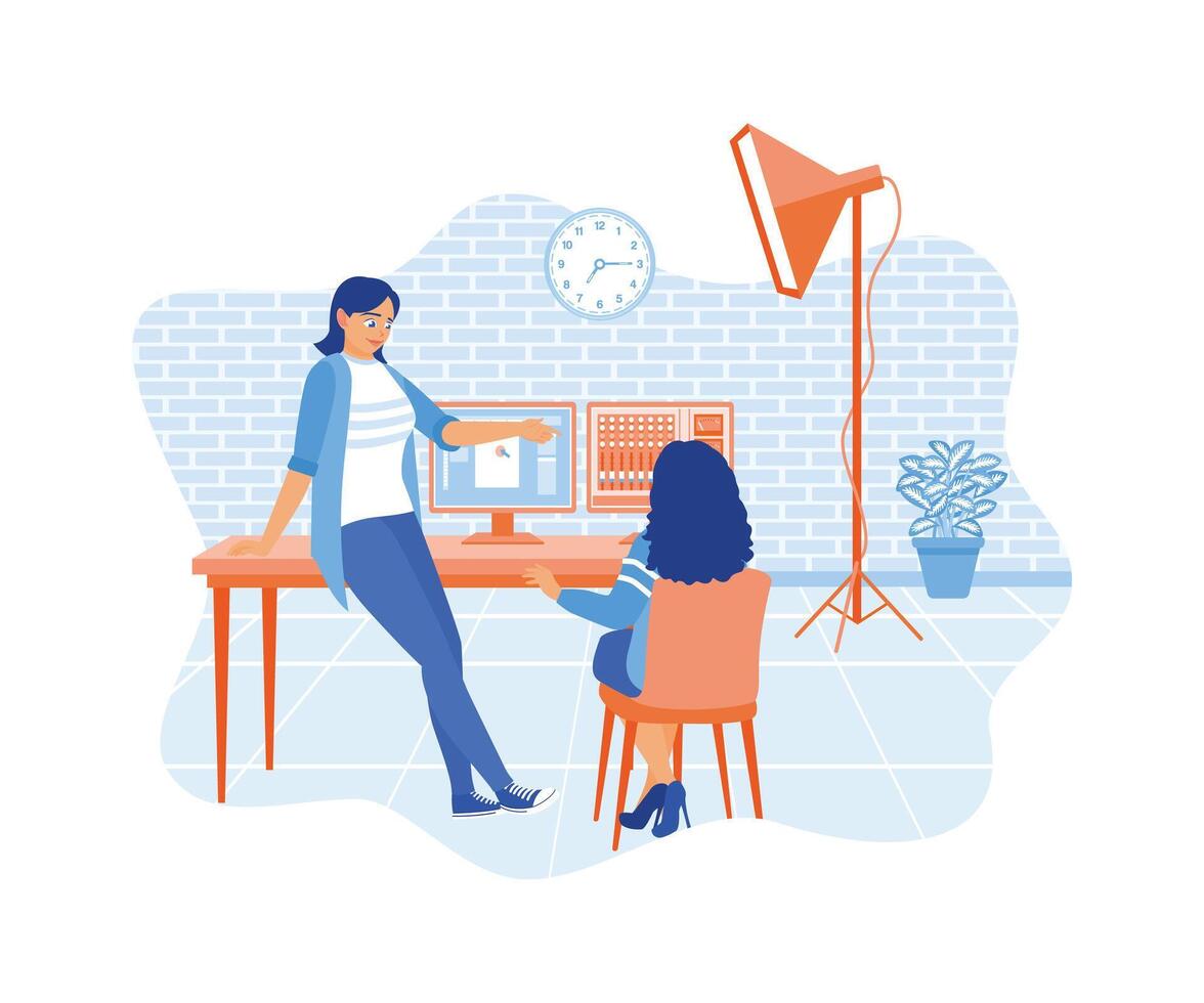 Video editors and coworkers work on client footage using post-production software. Works at a ...