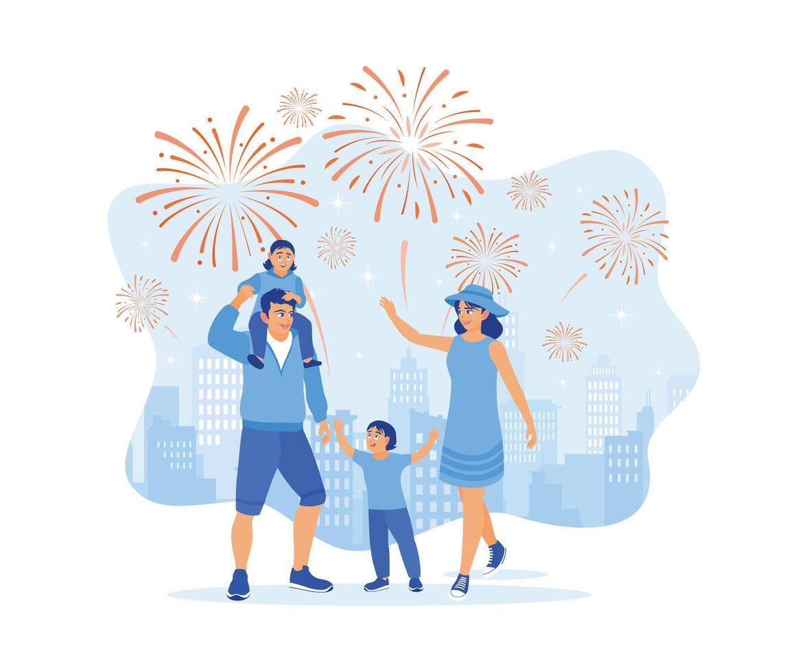 New Year holidays. Happy family watching fireworks celebration. Family vacation. Celebration ...