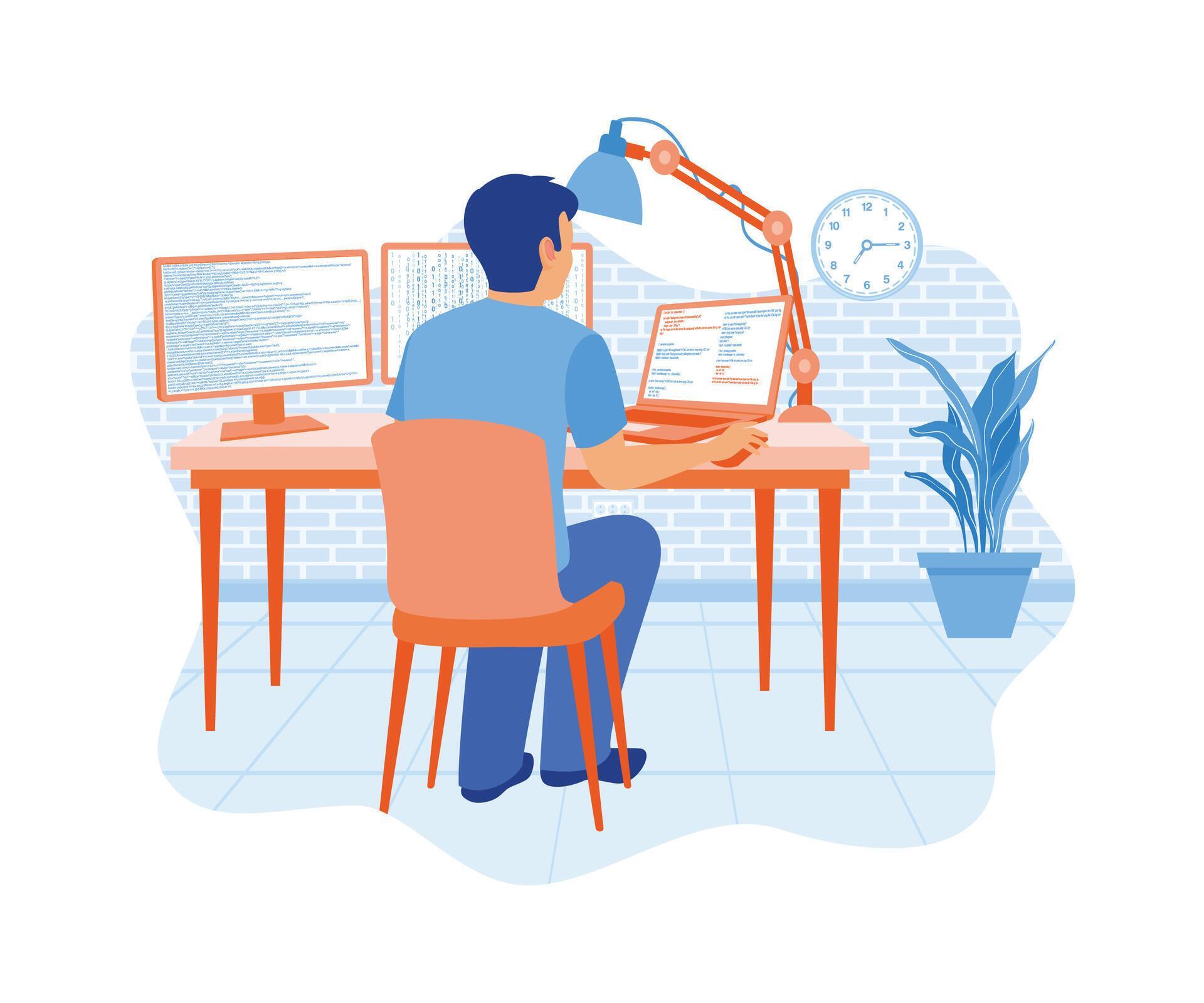 Programmers work on dual-screen computers and laptops. Develop programming and coding technology ...