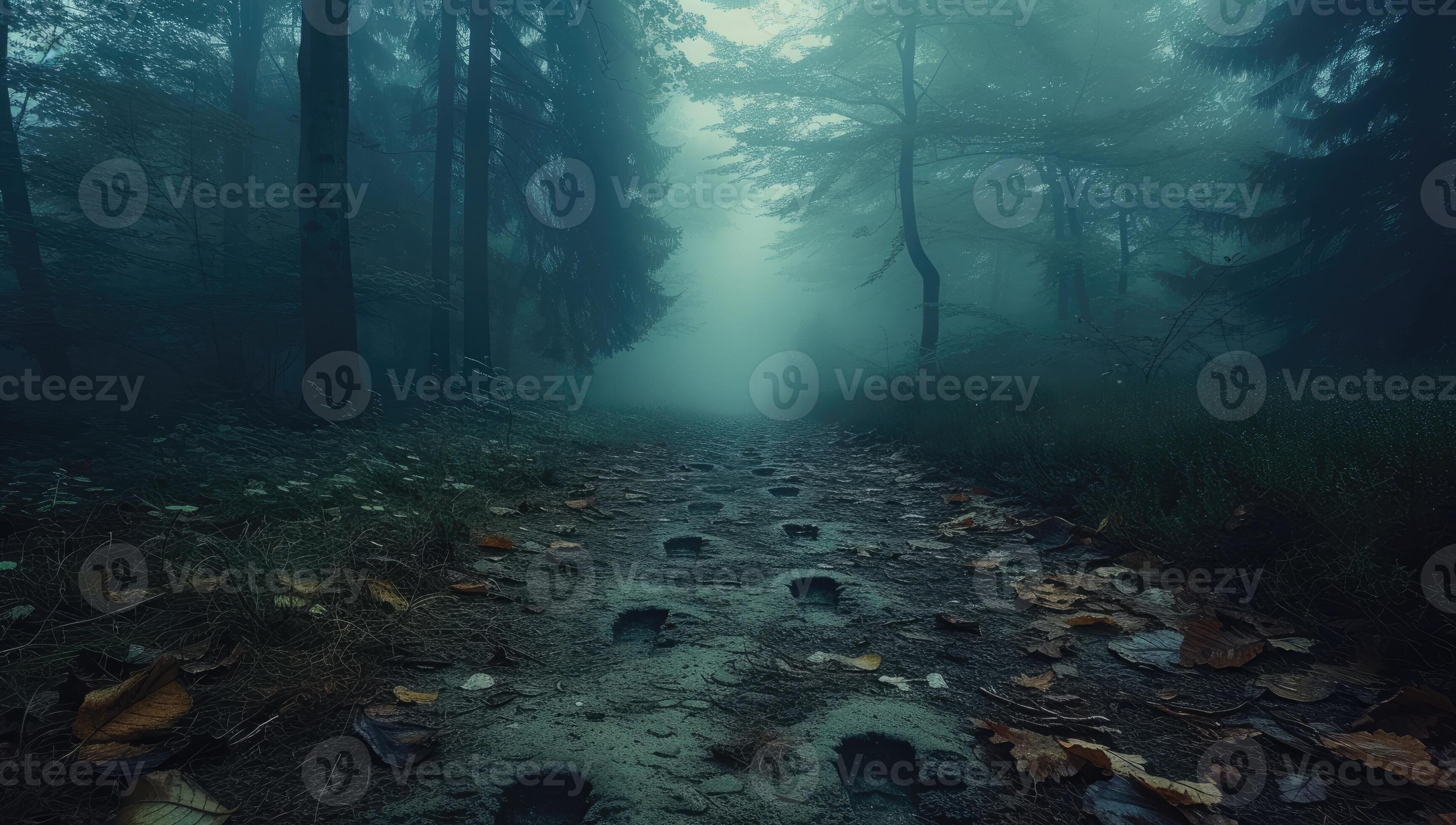 AI generated Foggy path through a dark eerie forest 39333105 Stock ...