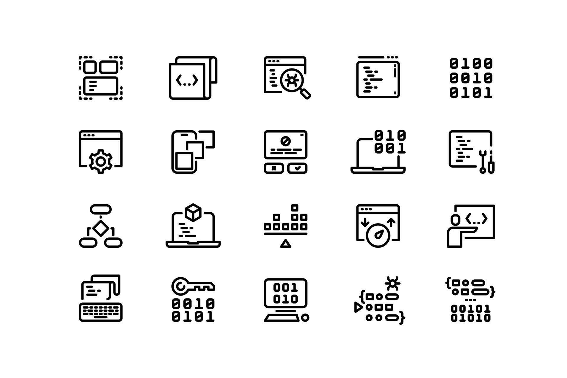 Coding line icons. Program code editing, running and debugging ...