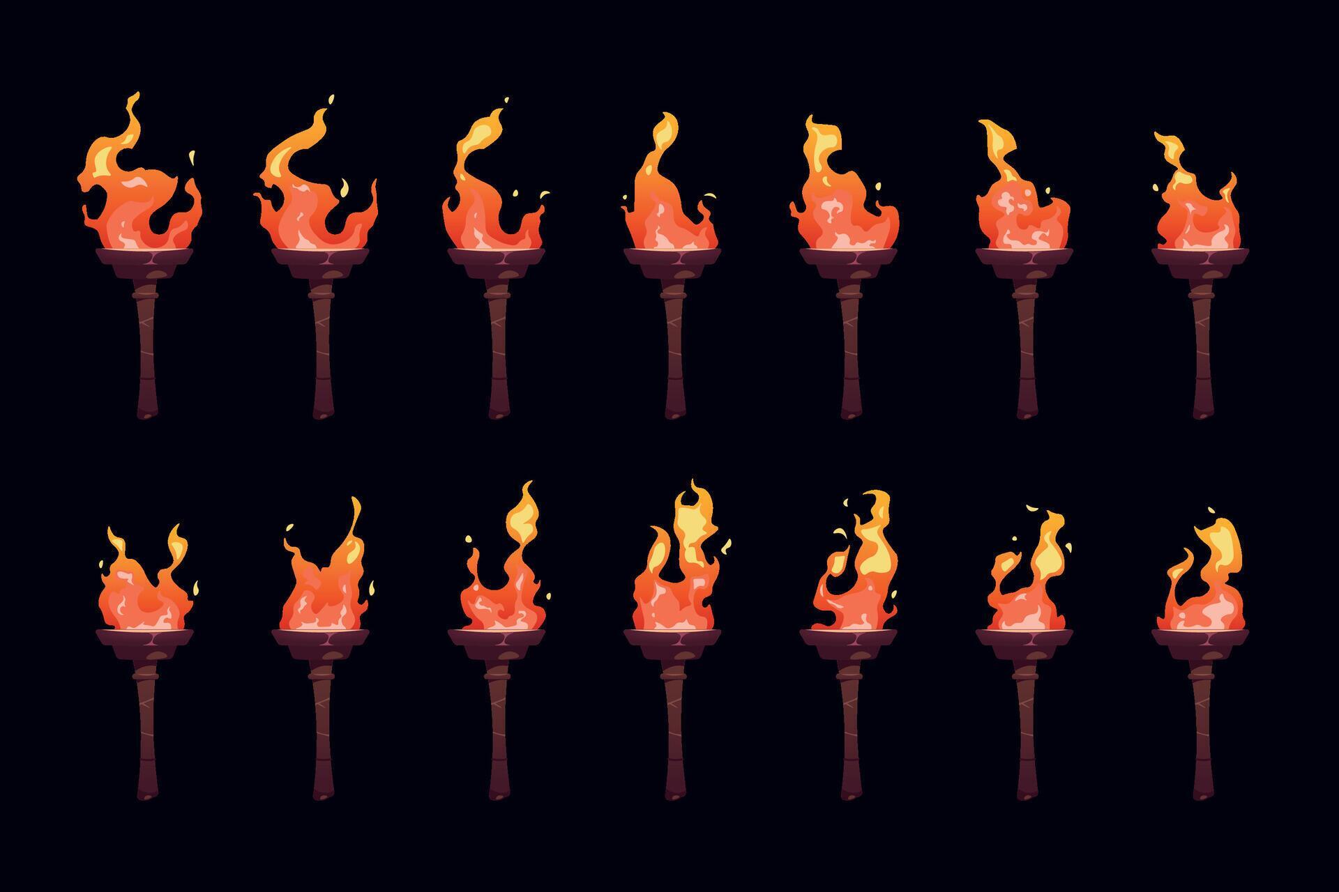 Torch burning sequence. Sprite animation frame set, cartoon medieval ...