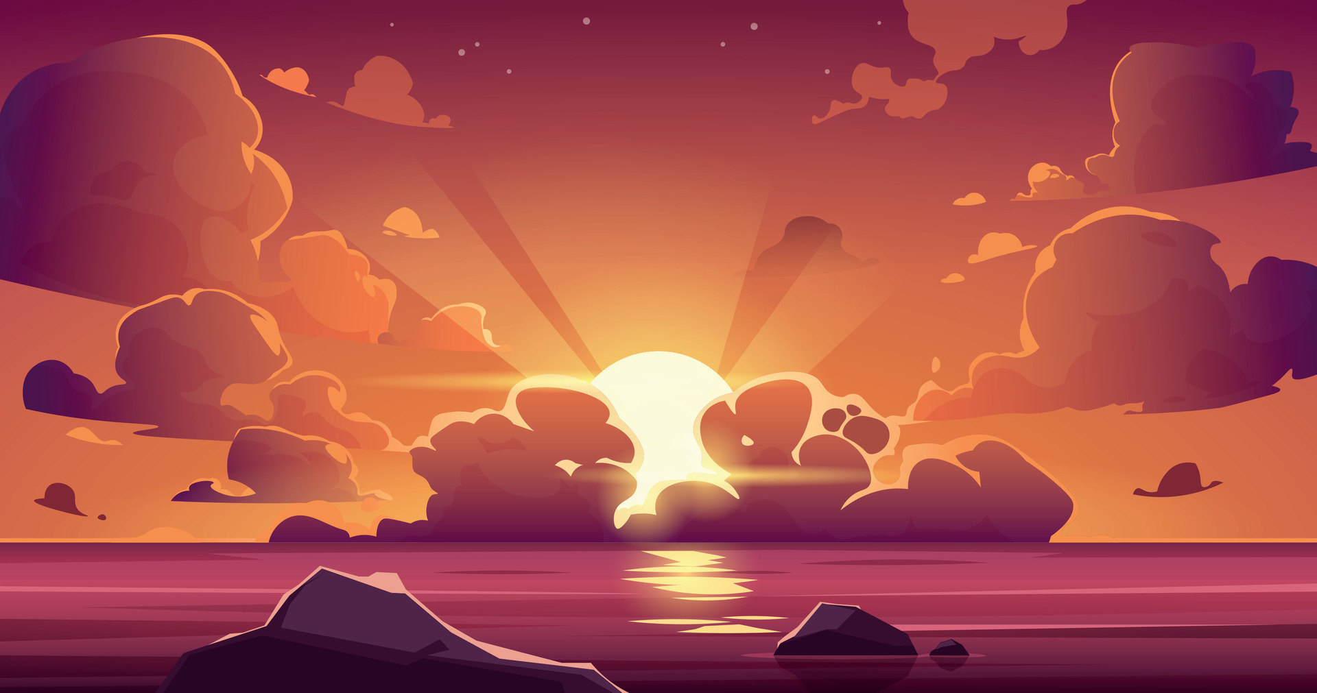 Cartoon sea sunset sky. Ocean beach scenery with floating purple clouds and close shore, sea sun ...