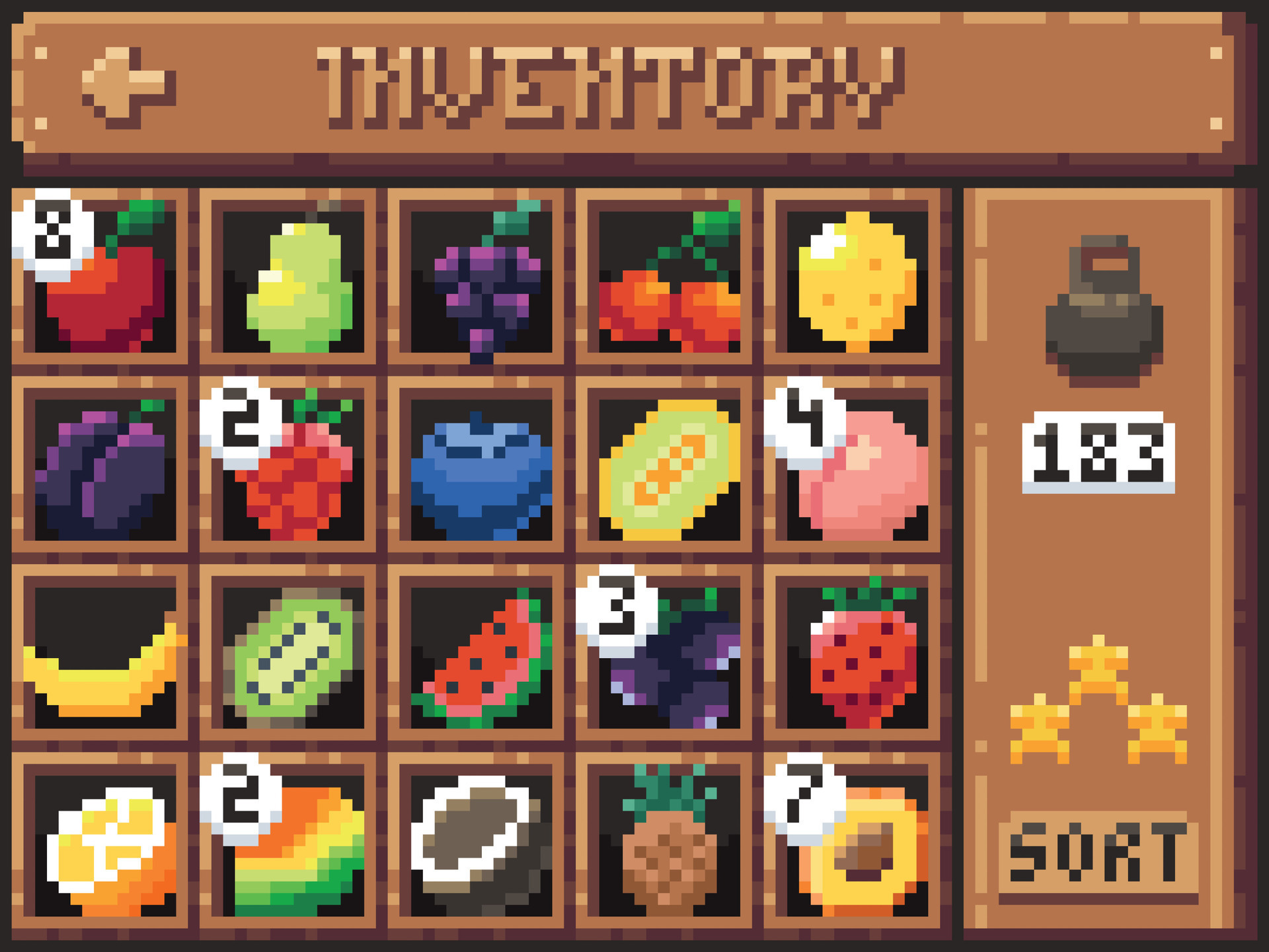 Pixel fruits inventory. Cartoon game interface screen with fruits and berries in cells and UI ...
