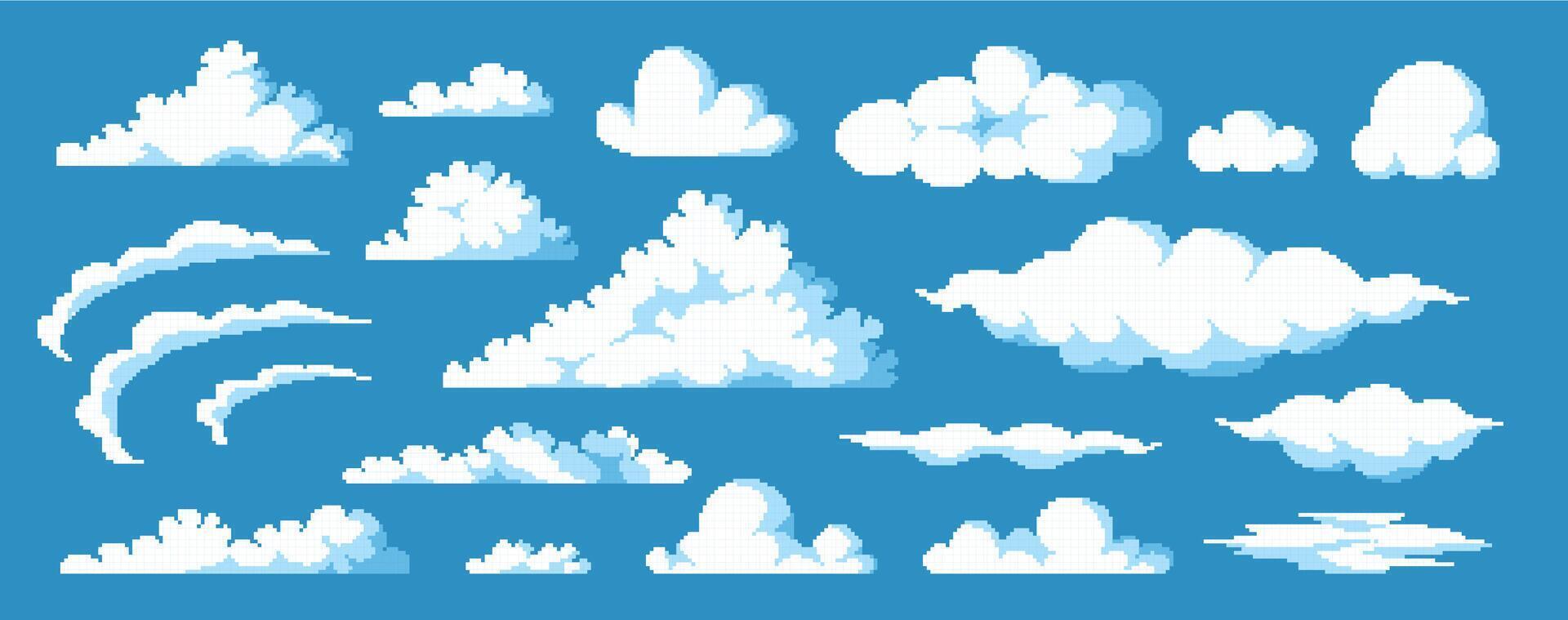 Game clouds asset. Retro 8 bit video game background with cartoon ...