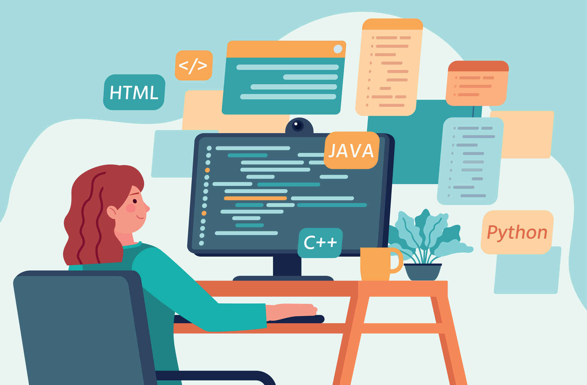 Web designer and programmer working at desktop computer. Cartoon woman ...