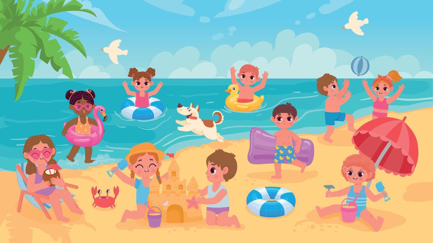 Summer beach landscape with kids swimming and playing with ball ...