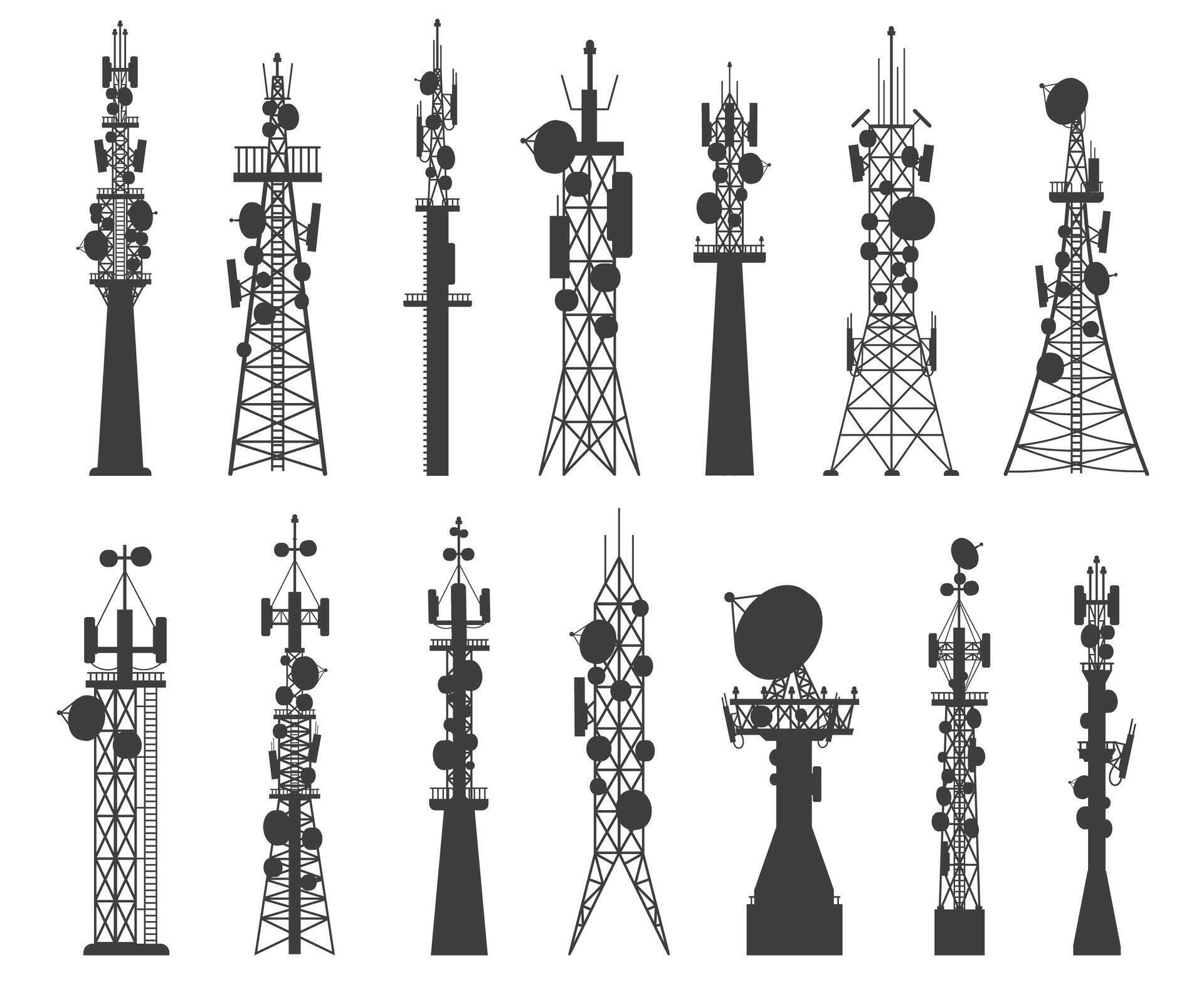 Radio tower silhouette. Satellite communication antenna. Telecom network cellular broadcast ...