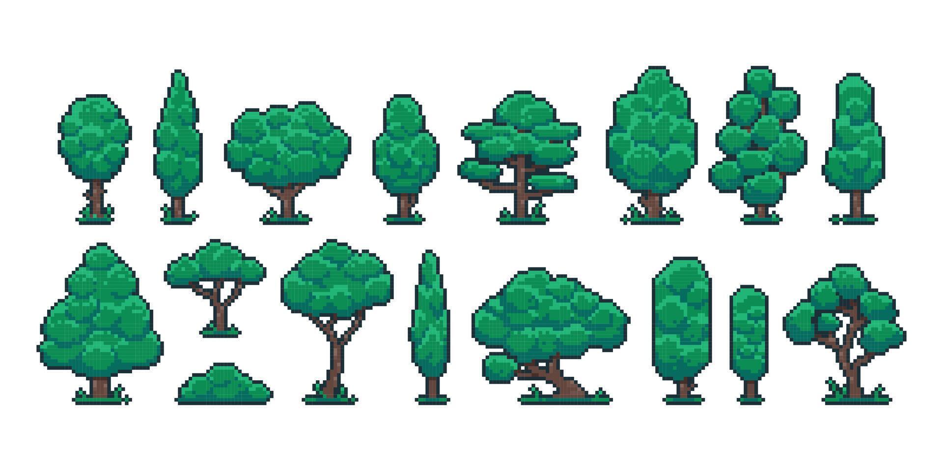 Pixel trees. Cartoon 8 bit retro game nature plant and environment object, video game sprite ...