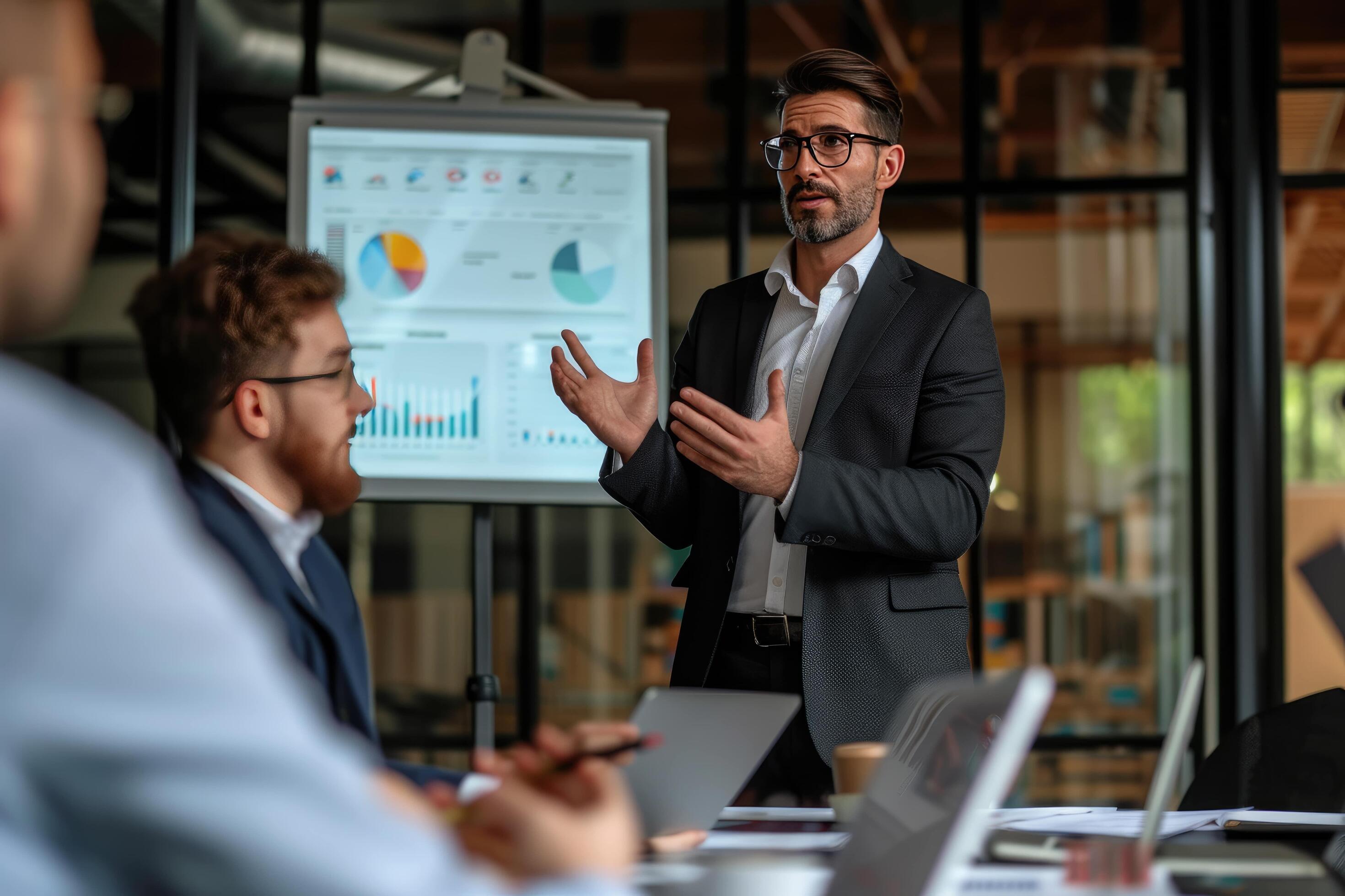 AI generated a man in a suit is giving a presentation to a group of ...