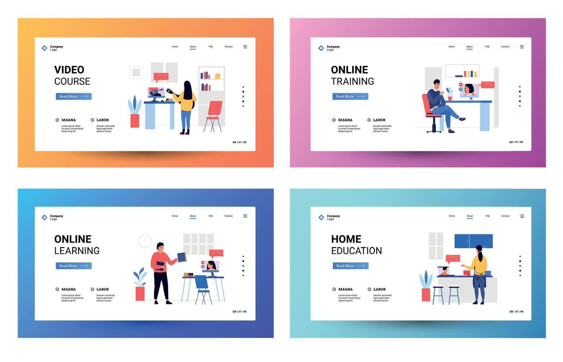 Online education landing. Study course and distance learning web page template, online class ...