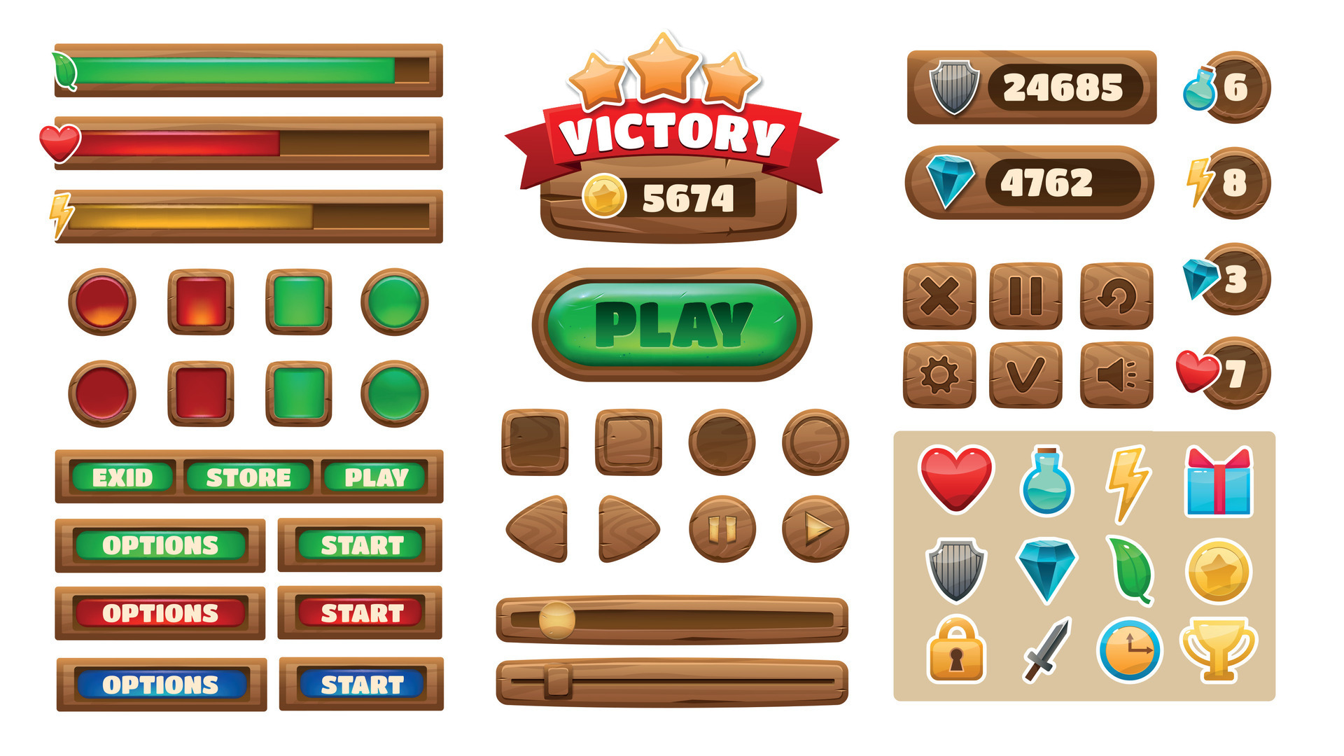 Cartoon game UI. Wooden interface buttons icons panels progress-bars ...