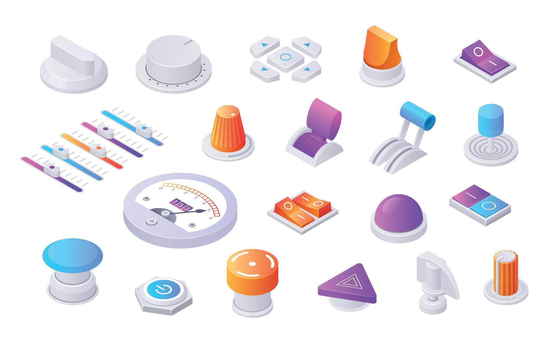 Isometric toggles. 3D switches, knobs, volume levels, sliders and ...