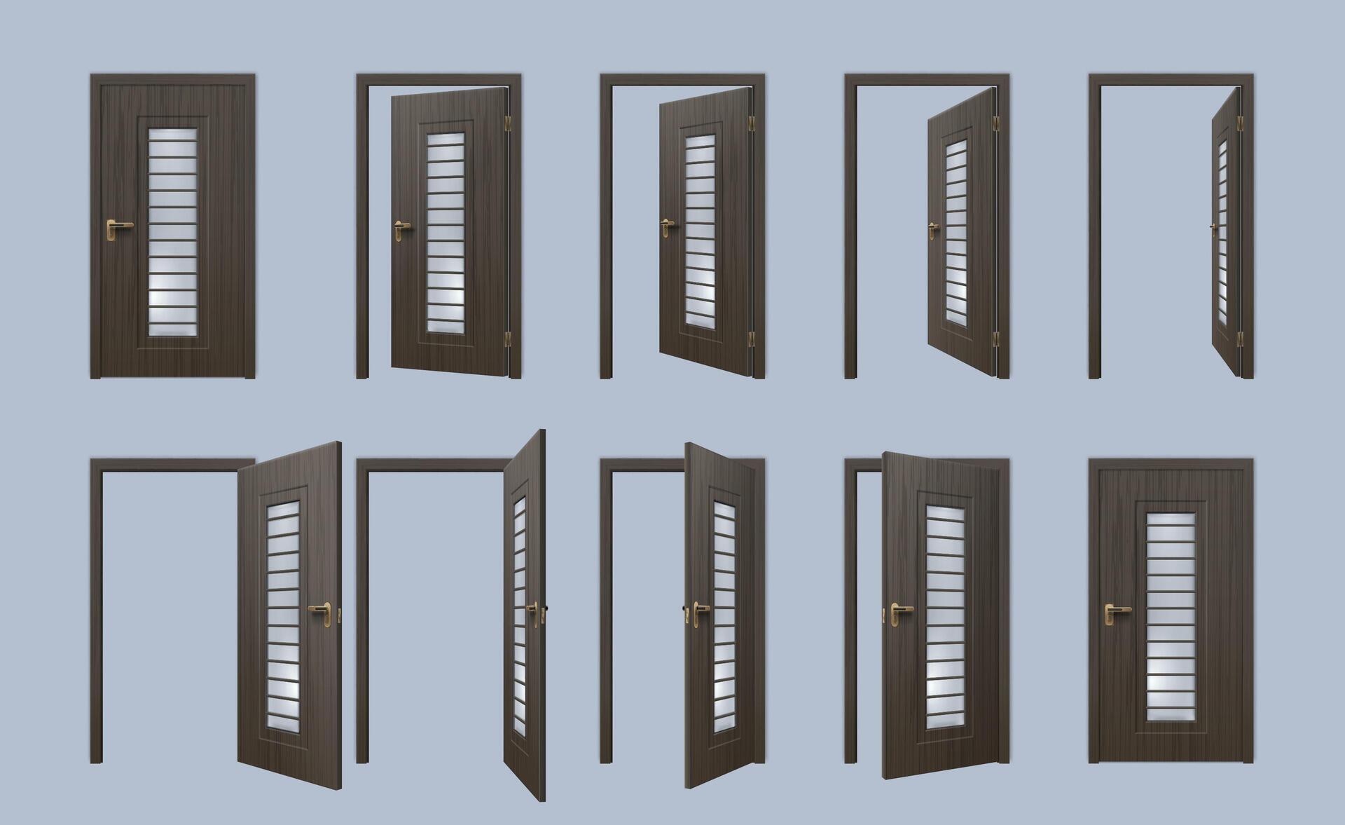 Realistic 3d black front wooden door open and close. House, apartment ...