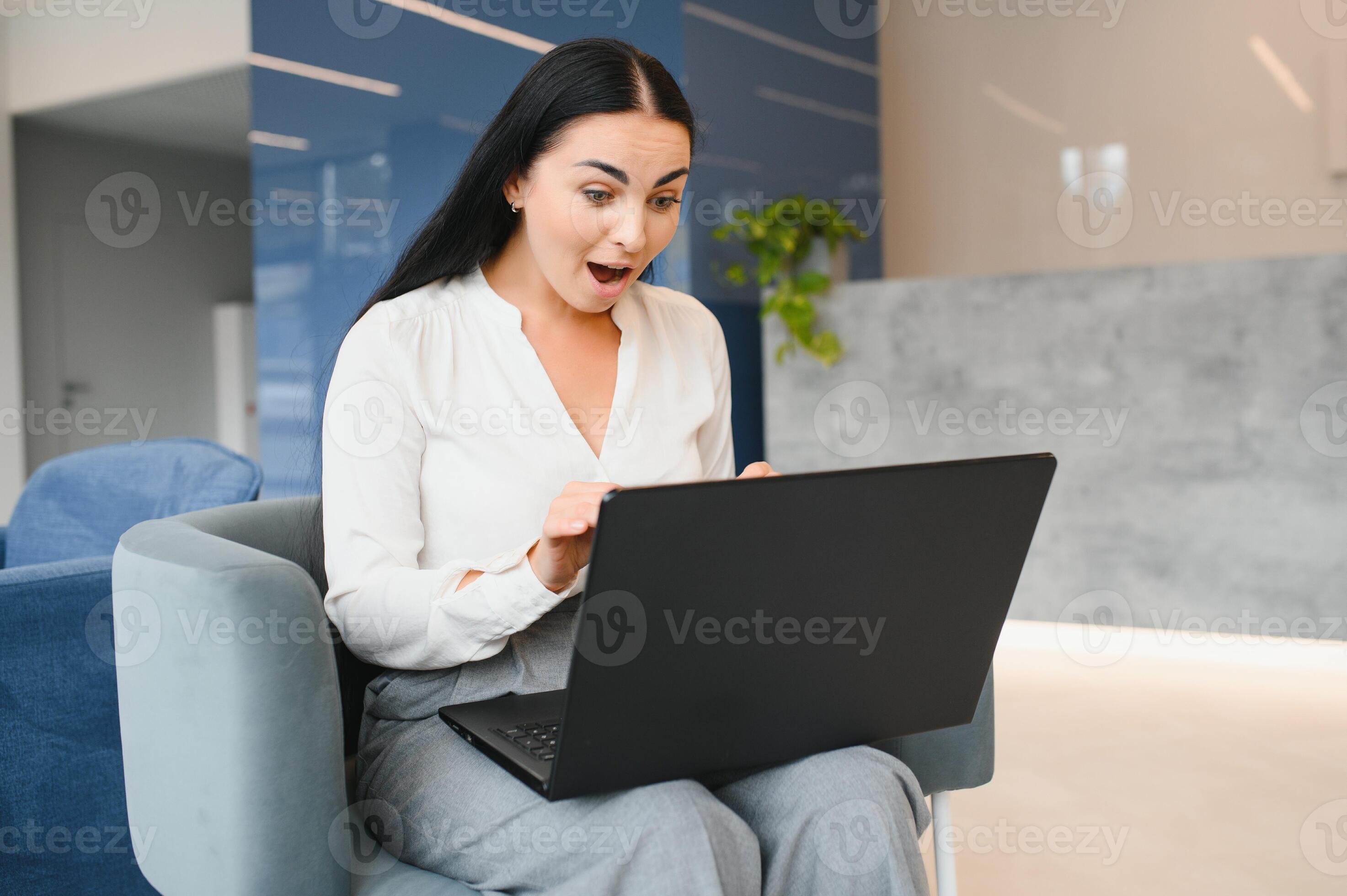 Great news. Win, success. Photo of crazy happy positive woman winner good mood victory work ...